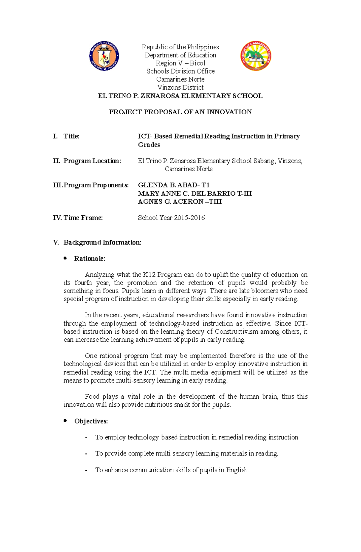 Innovation proposal - Republic of the Philippines Department of ...