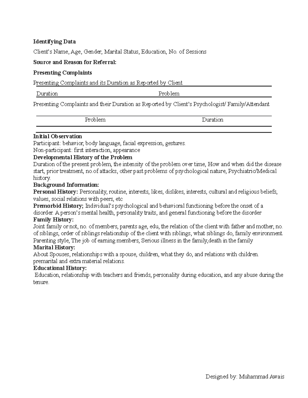 Clinical Report Format - Identifying Data Client’s Name, Age, Gender ...