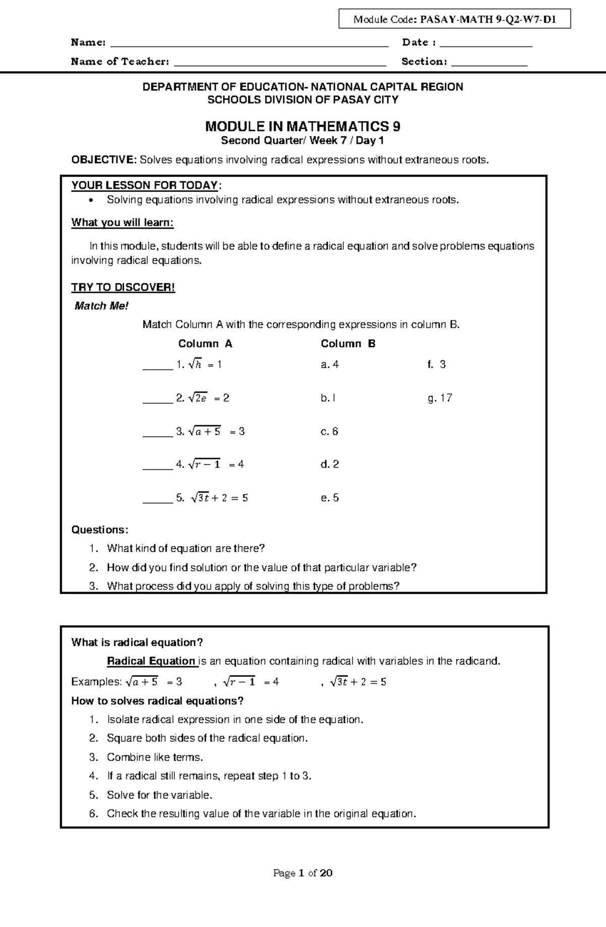 3 Math 9 Q2 Week 7 - This is a lesson on Algebra - Name: - Studocu