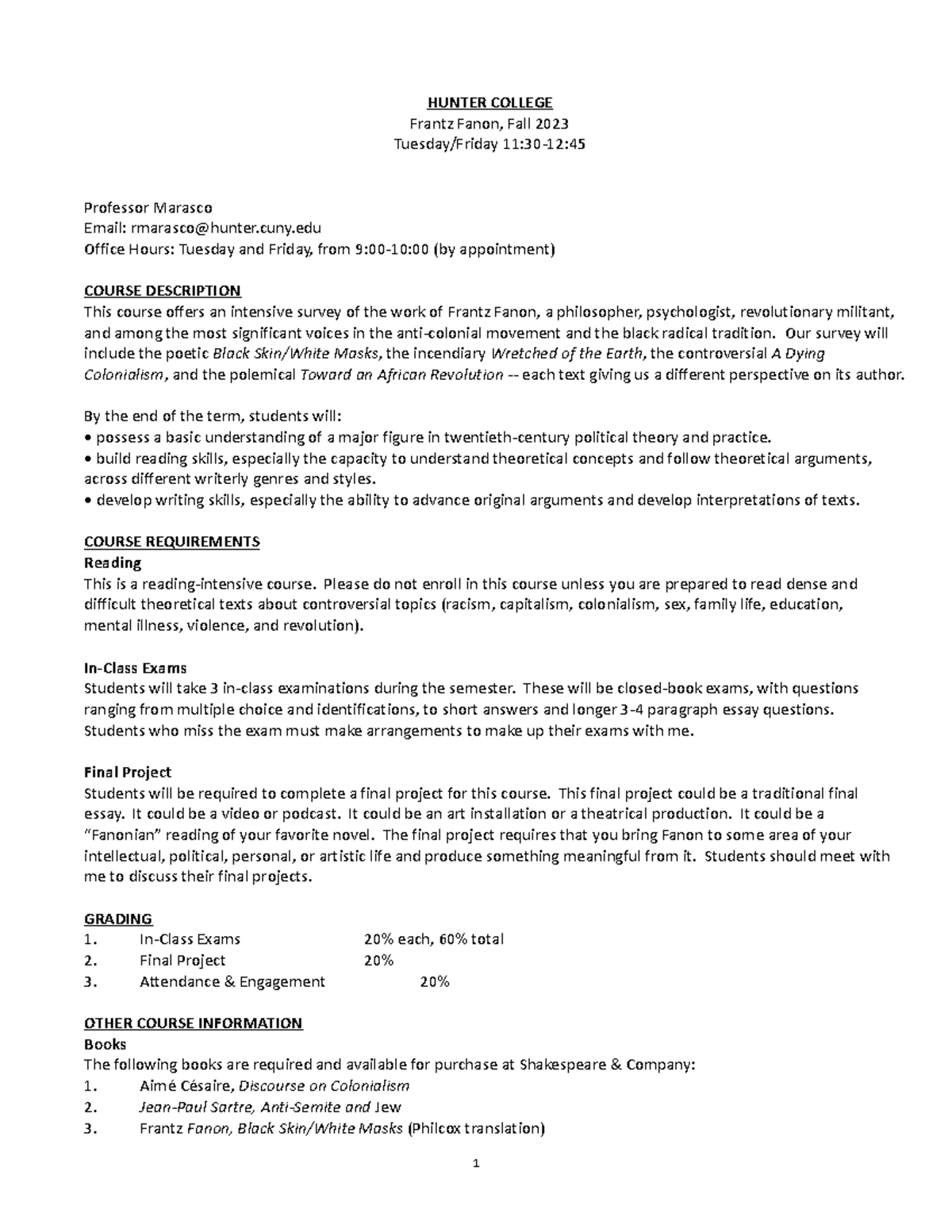 Fanon Syllabus Fall 2023 Honors - HUNTER COLLEGE Frantz Fanon, Fall ...