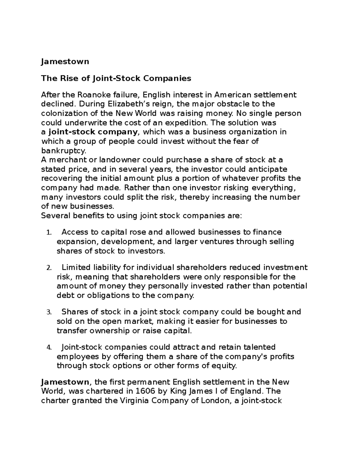 2.2 European Colonization - Jamestown The Rise of Joint-Stock Companies ...
