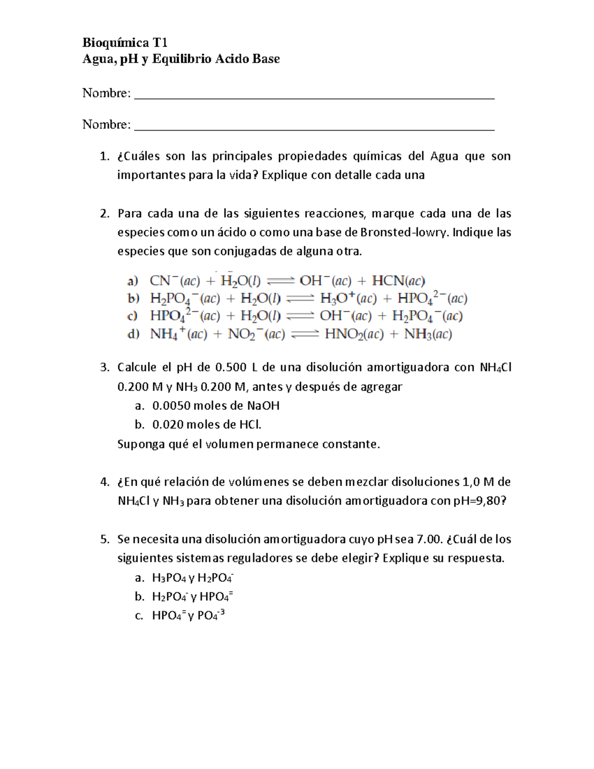 Evaluación De Bioquímica Bioquímica T Agua Ph Y Equilibrio Acido