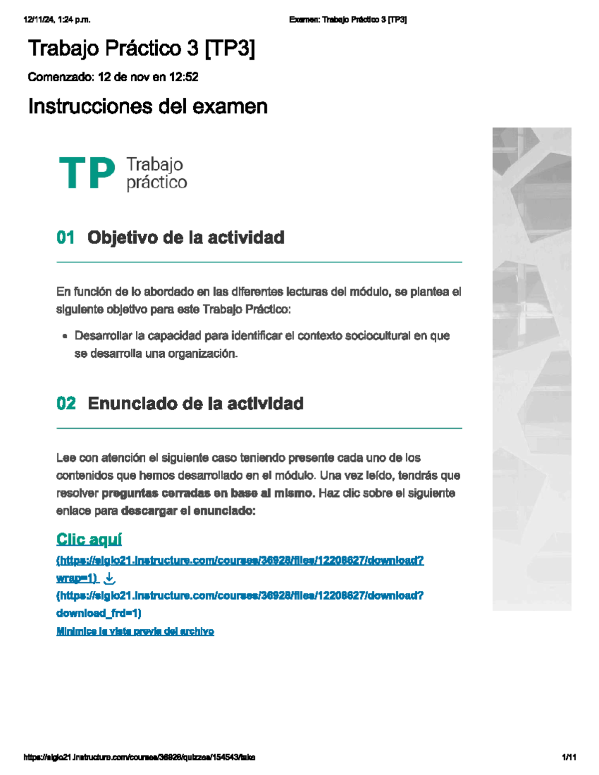 Tp3 cult org 90% - 1:24 p. Examen: Trabajo Práctico 3 Trabajo Práctico 3 Comenzado: 12 de nov en ...