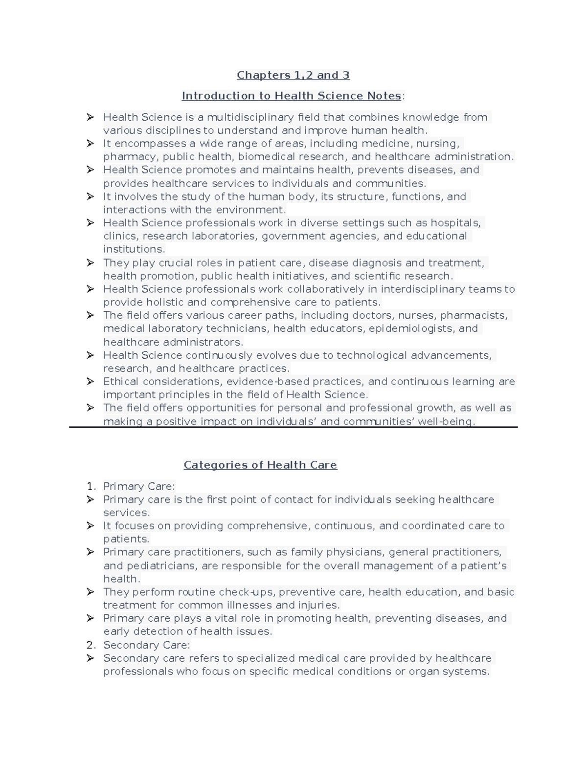 Health science notes chapter 1,2 and 3 - Chapters 1,2 and 3 ...