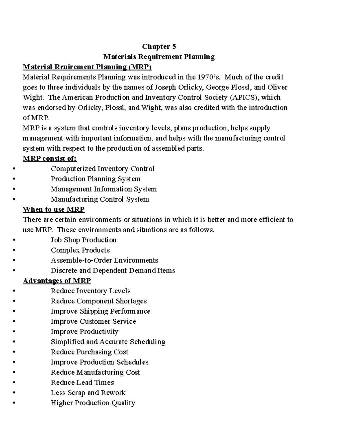 Material Management- Chapter 5 - Chapter 5 Materials Requirement ...