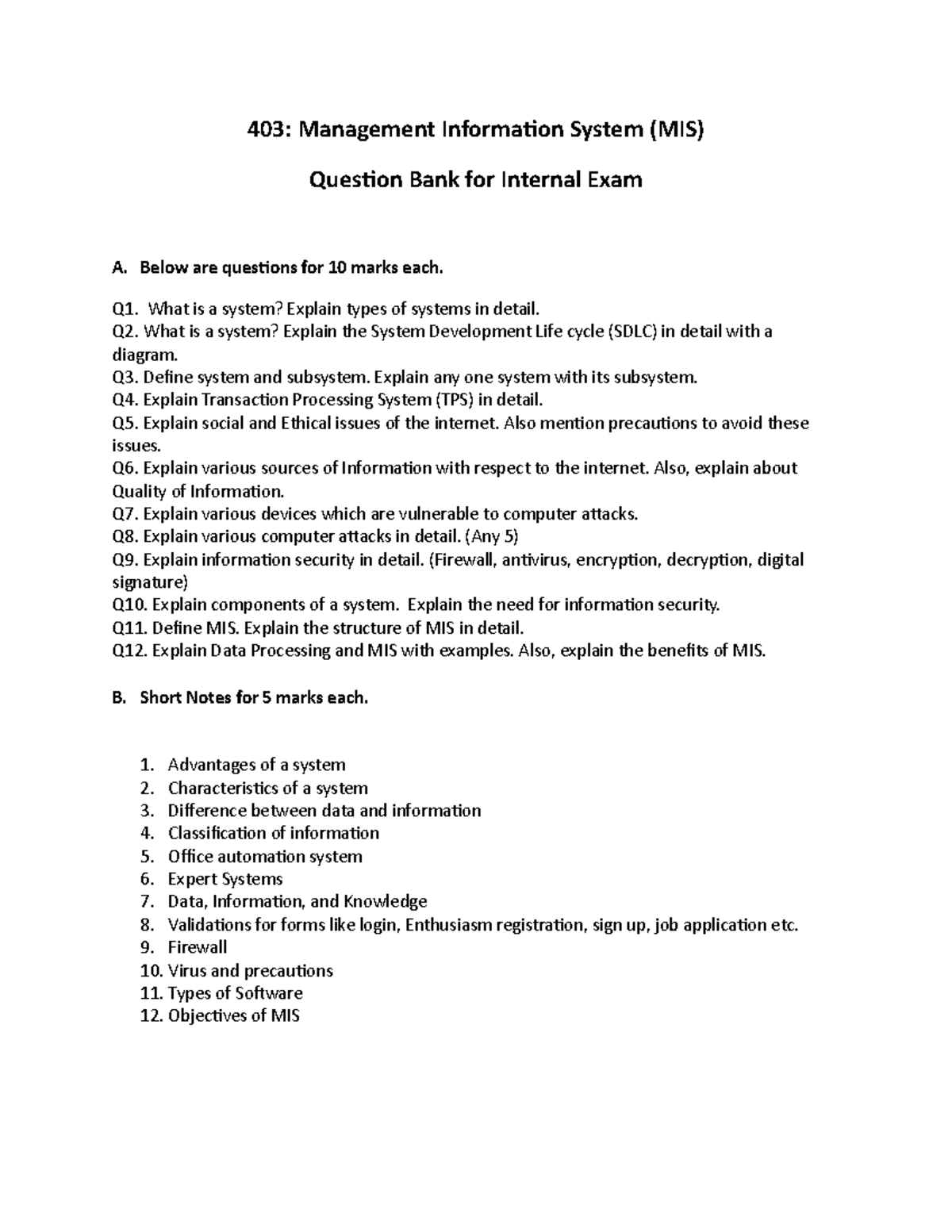 MIS Question Bank - 403: Management Information System (MIS) Question ...