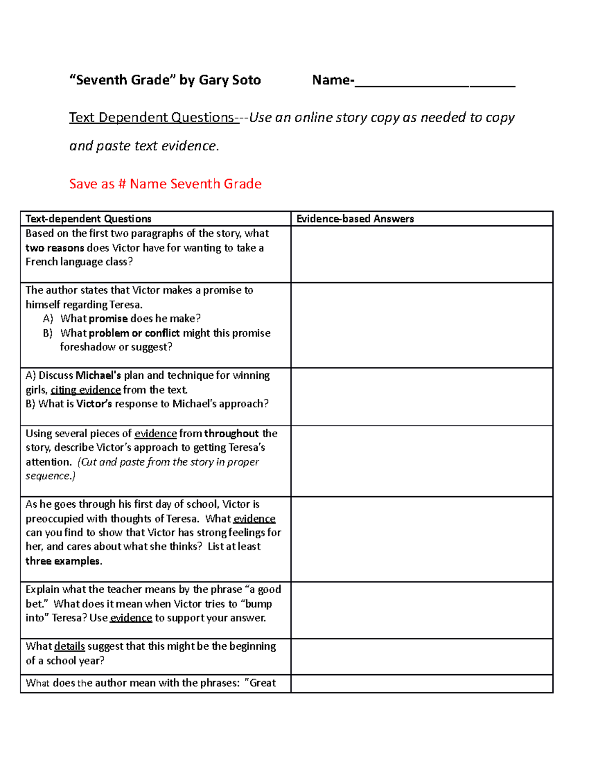 - Seventh Grade Text Based Questions - “Seventh Grade” by Gary Soto ...