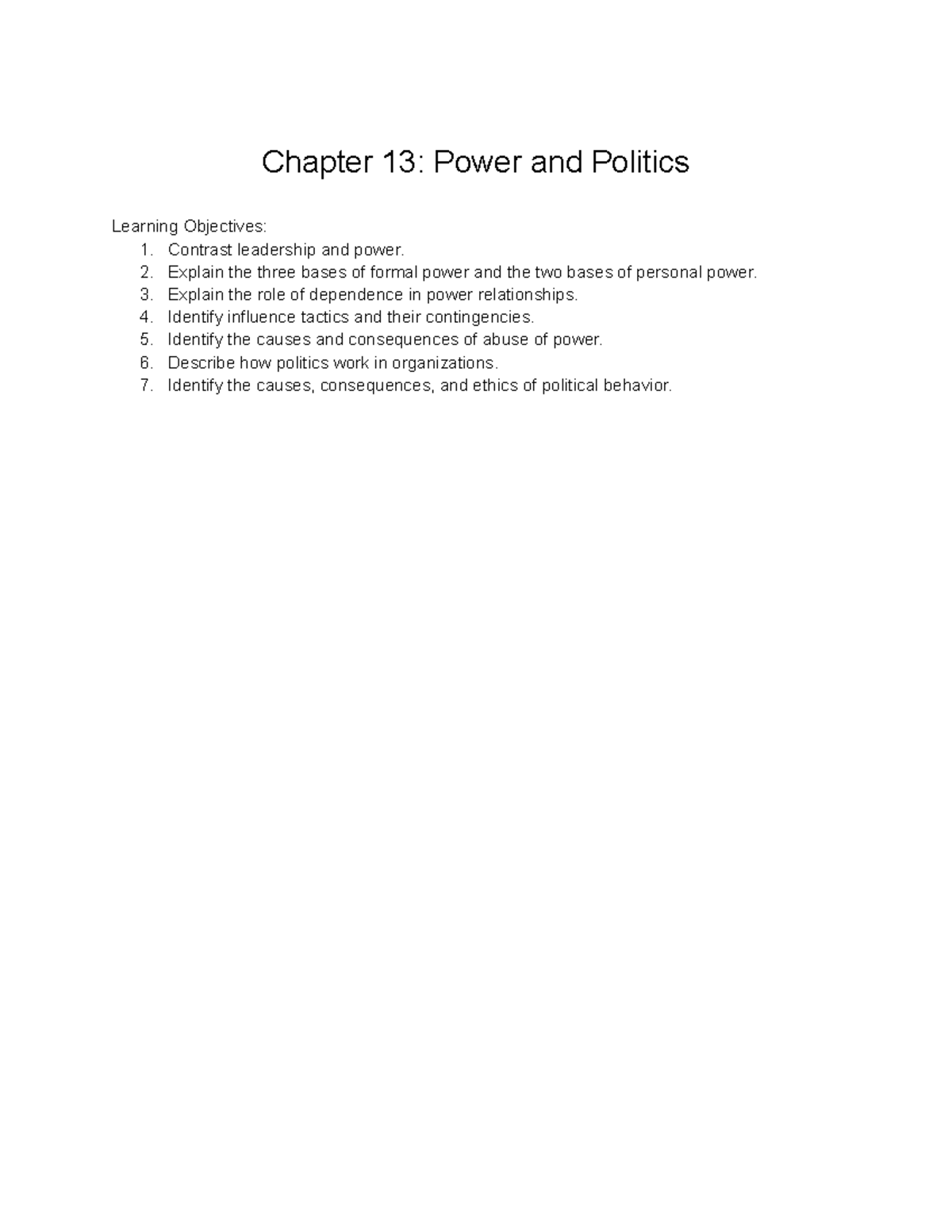 OB Chapter 13 Summary - ,, - Chapter 13 : Power and Politics Learning ...