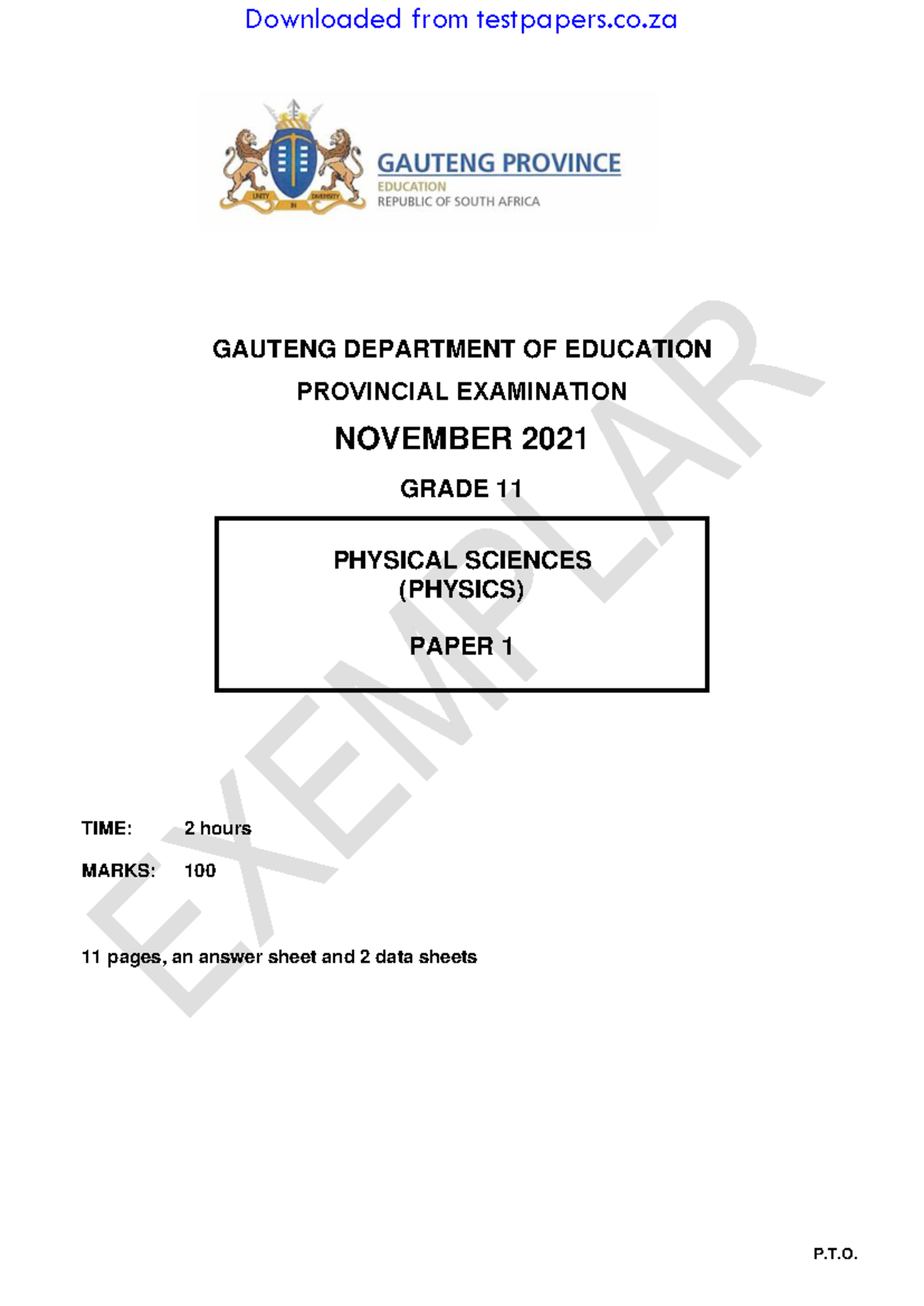 Gr11 Physical Sciences P1 (ENG) NOV Question Paper - GAUTENG DEPARTMENT ...