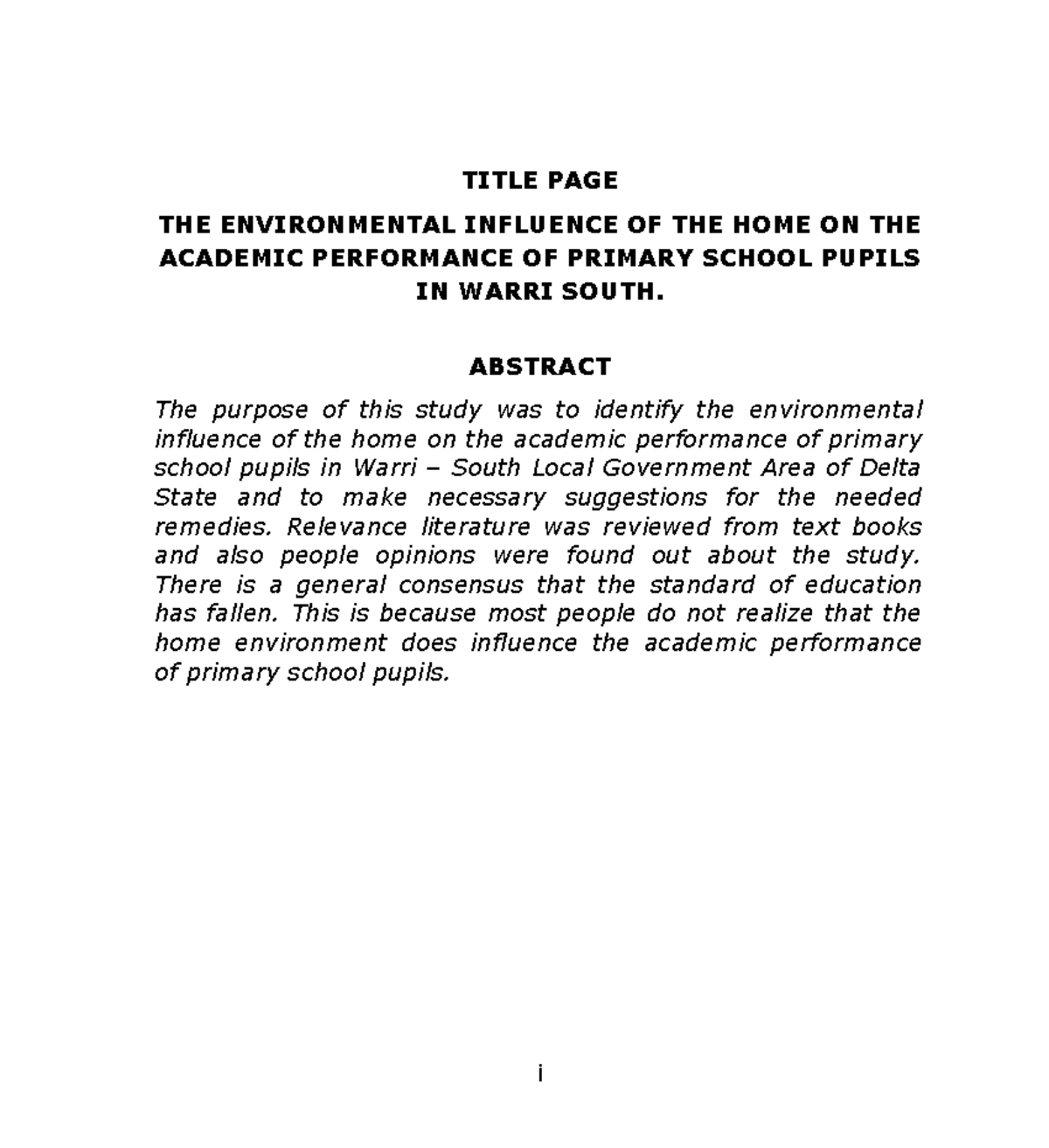 THE Environmental Influence OF THE HOME on Academic Performance of ...