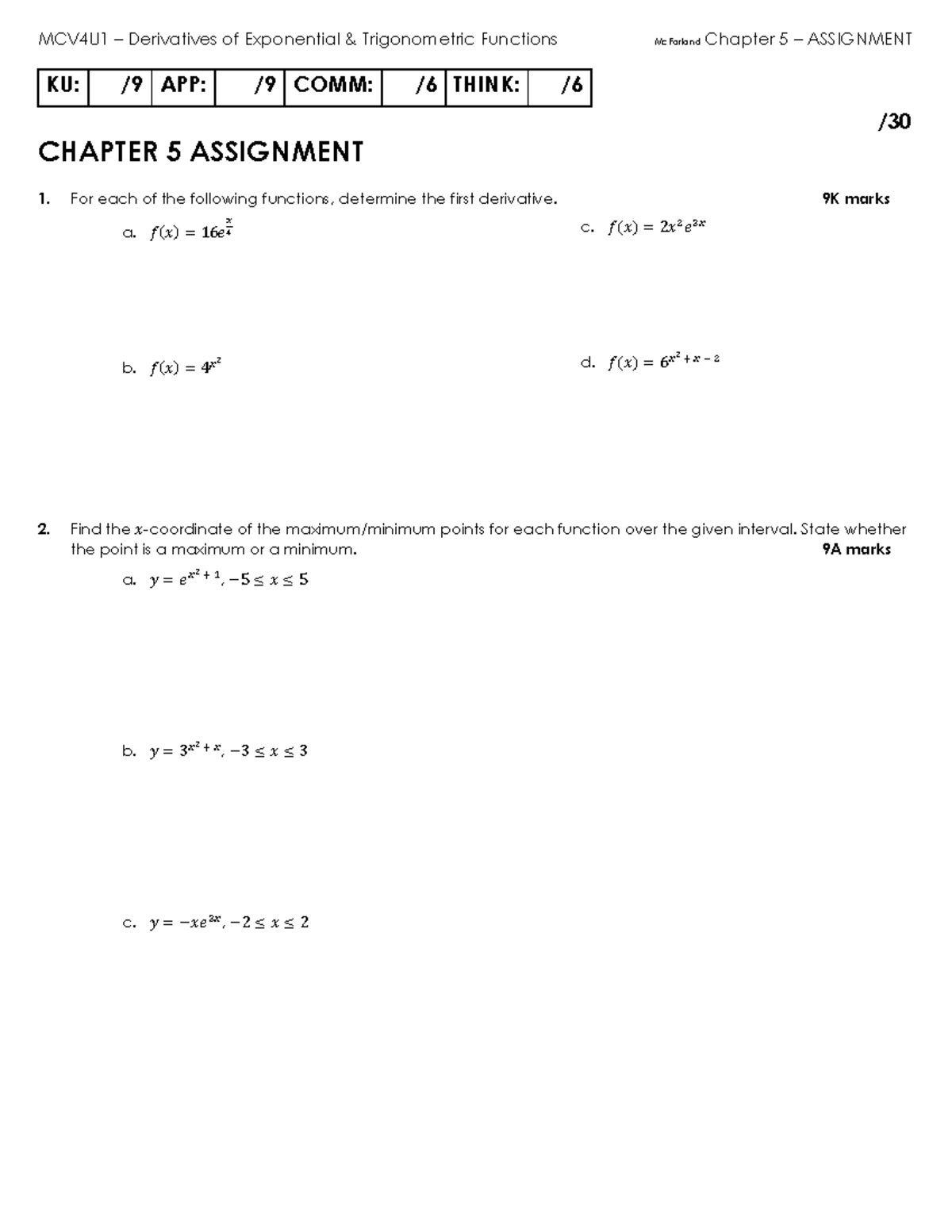 Chapter 5 Assignment for calc where you make a diagram - MCV4U 1 ...
