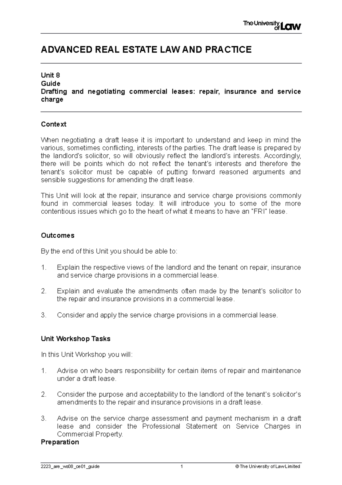 2223 are ws08 ce01 guide - ADVANCED REAL ESTATE LAW AND PRACTICE Unit 8 ...