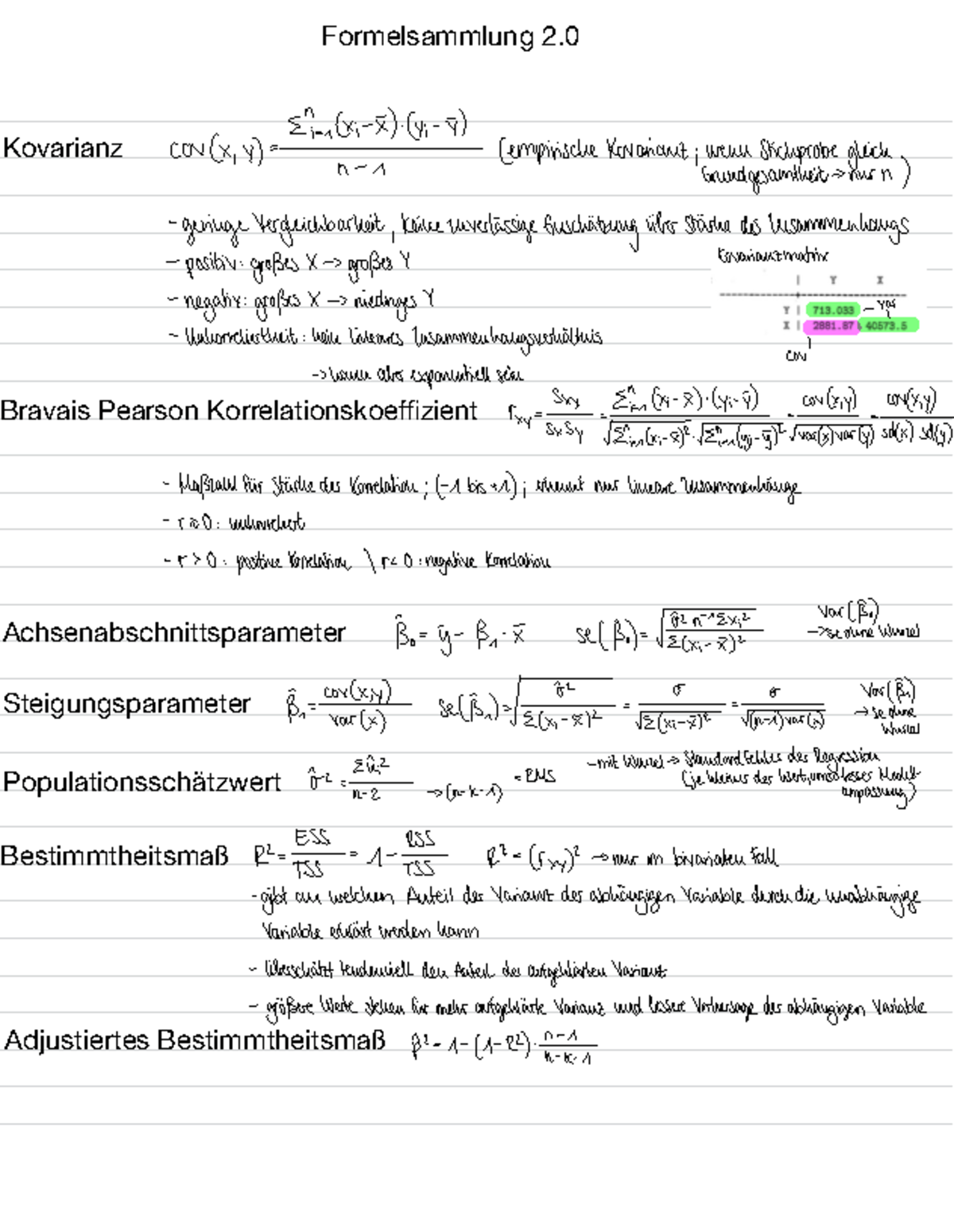 Formelsammlung - HWS 2023 - Formelsammlung 2. Kovarianz Pearson Korrelationskoeffizient - Studocu
