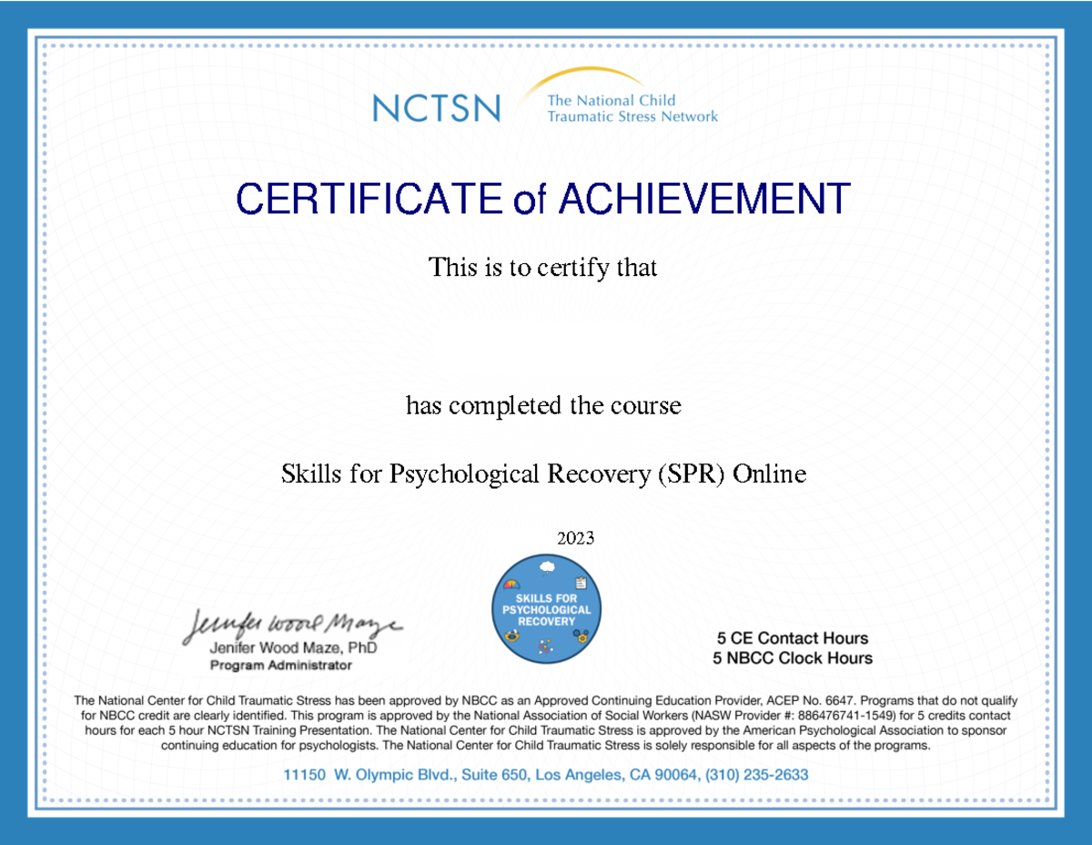 Skills for Psychological Recovery (SPR) Online Certificate - N431 ...