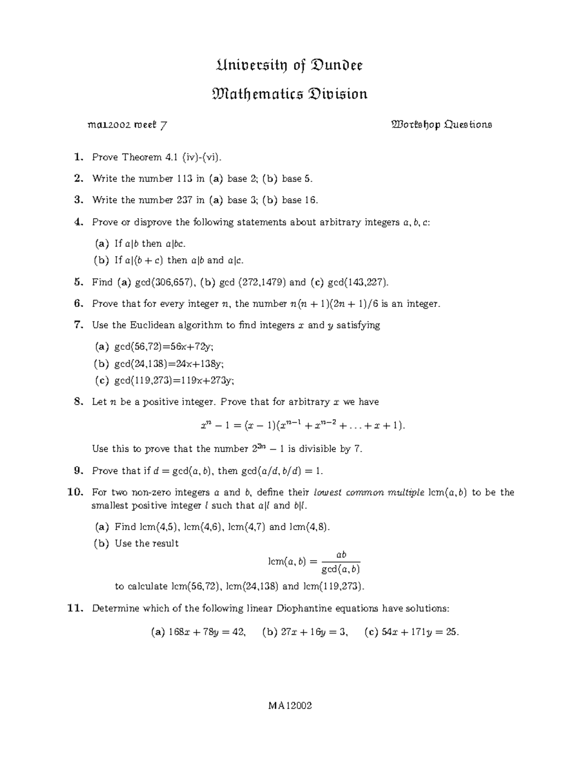 Ws7 - Worksheet 07 - University of Dundee Mathematics Division ma12002 ...