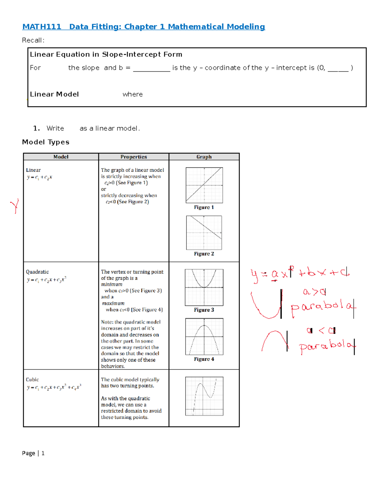 Data Fitting: Chapter 1 Mathematical Modeling - MATH111 Data Fitting ...