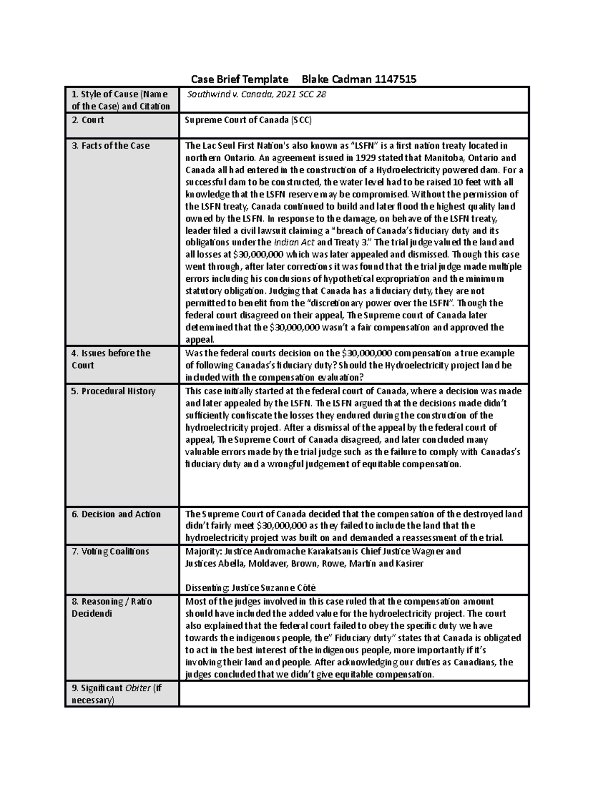 Ass. 1 - case summary - Case Brief Template Blake Cadman 1147515 Style ...