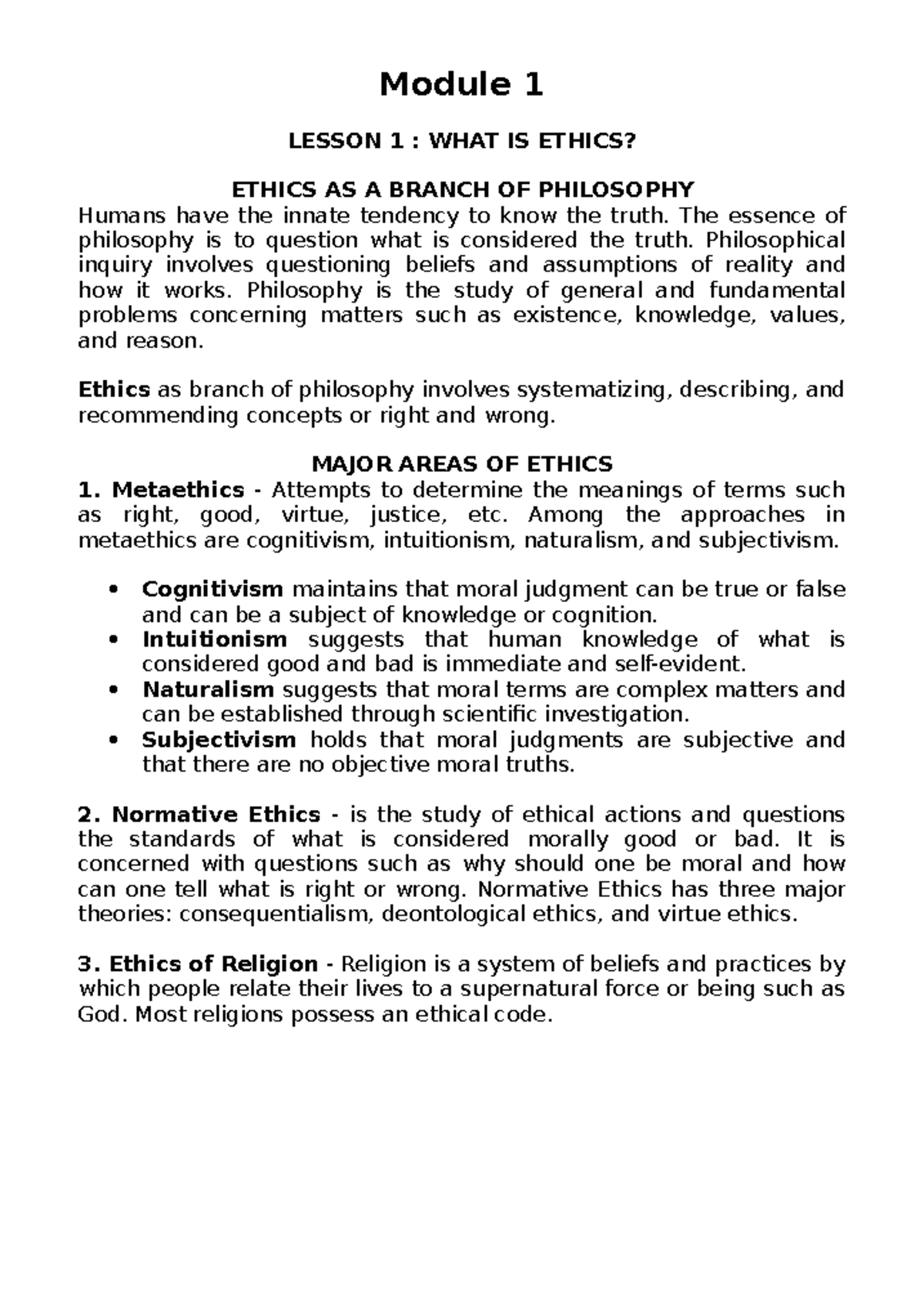 Ethics Notes - Ethically sourced - Module 1 LESSON 1 : WHAT IS ETHICS ...