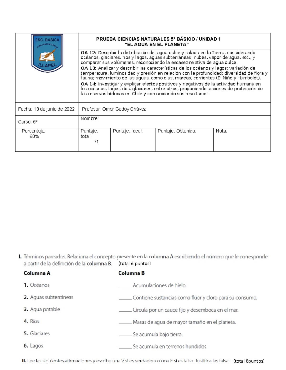 Prueba Ciencias Naturales 5 - PRUEBA CIENCIAS NATURALES 5° BÁSICO ...