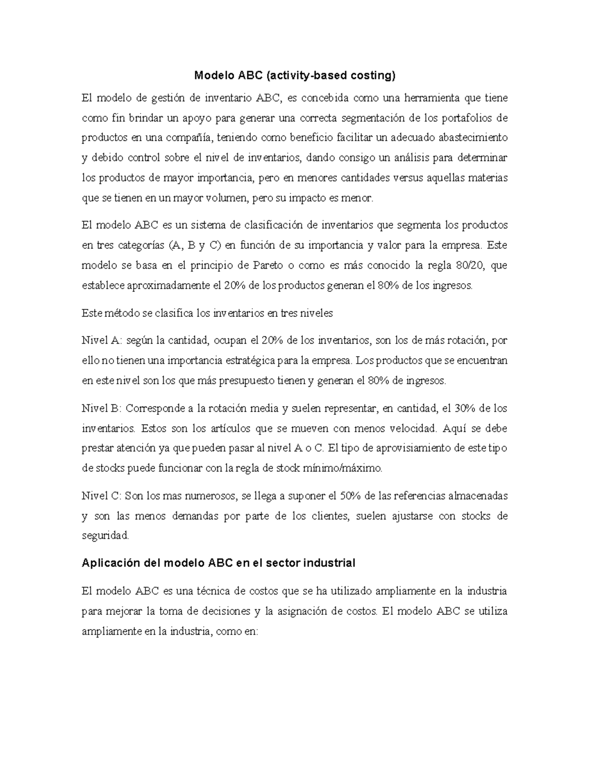 Modelo ABC empresarial del mercado global acerca de la empresa privada - Modelo ABC (activity ...