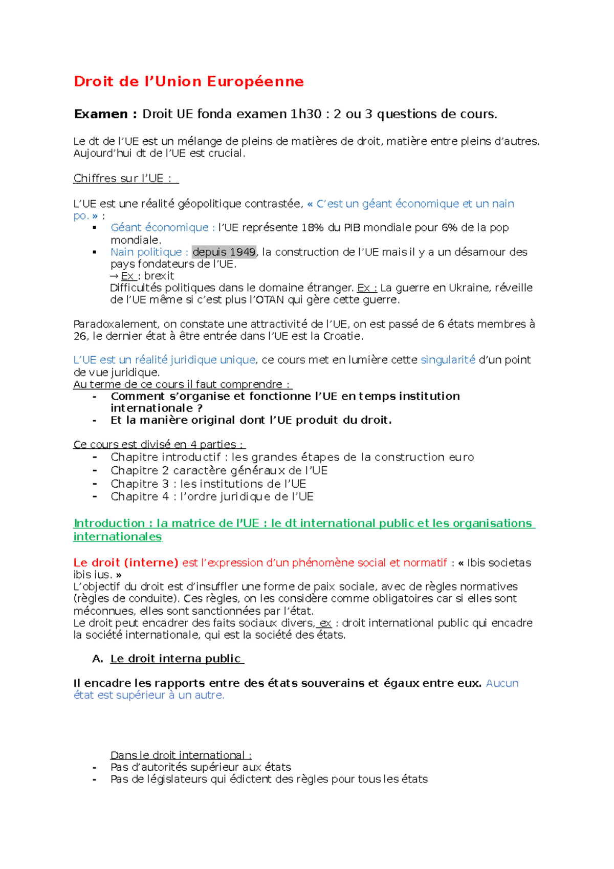 Cours DT UE - Droit de l’Union Européenne Examen : Droit UE fonda ...