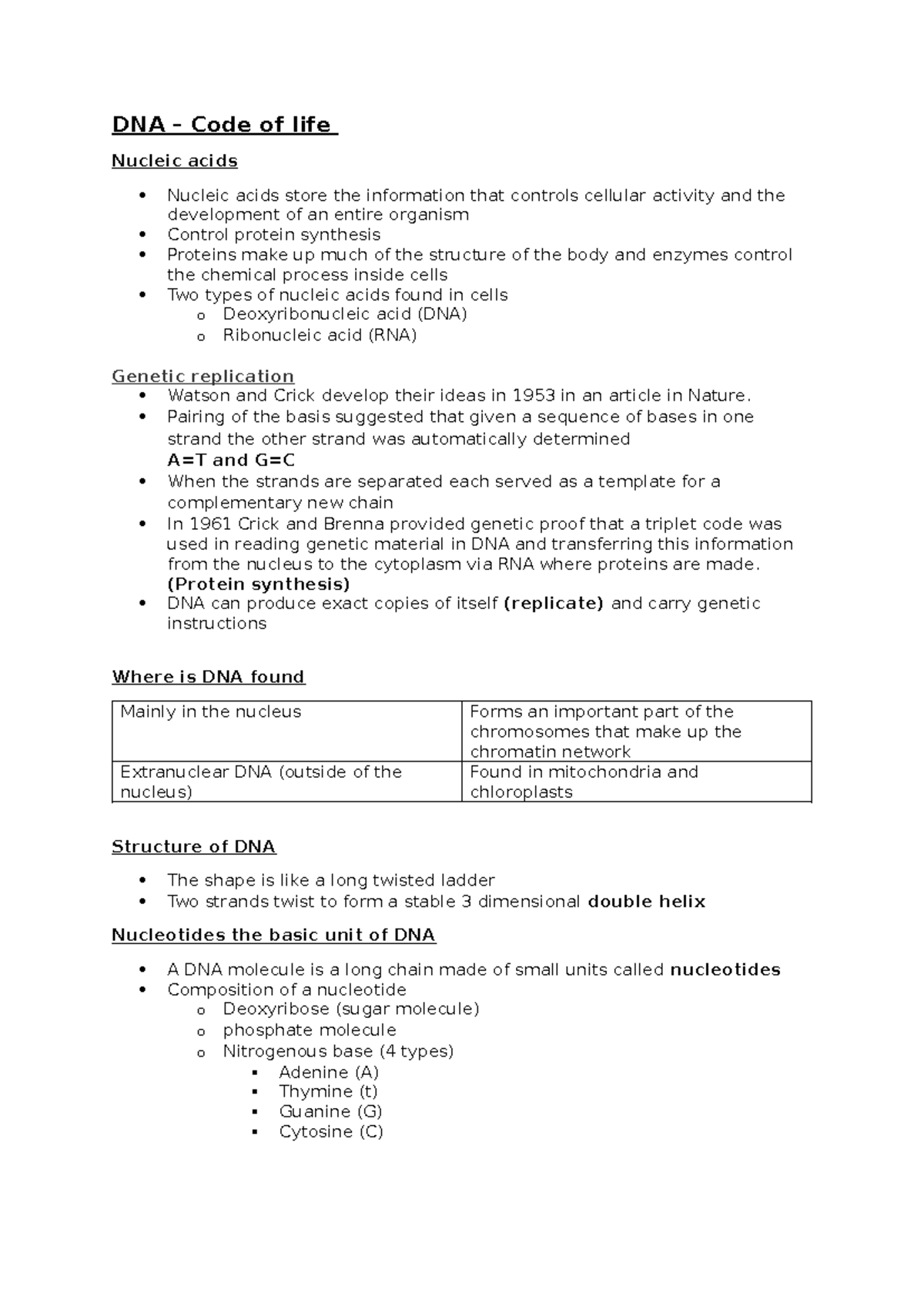 DNA Full notes - DNA – Code of life Nucleic acids Nucleic acids store ...