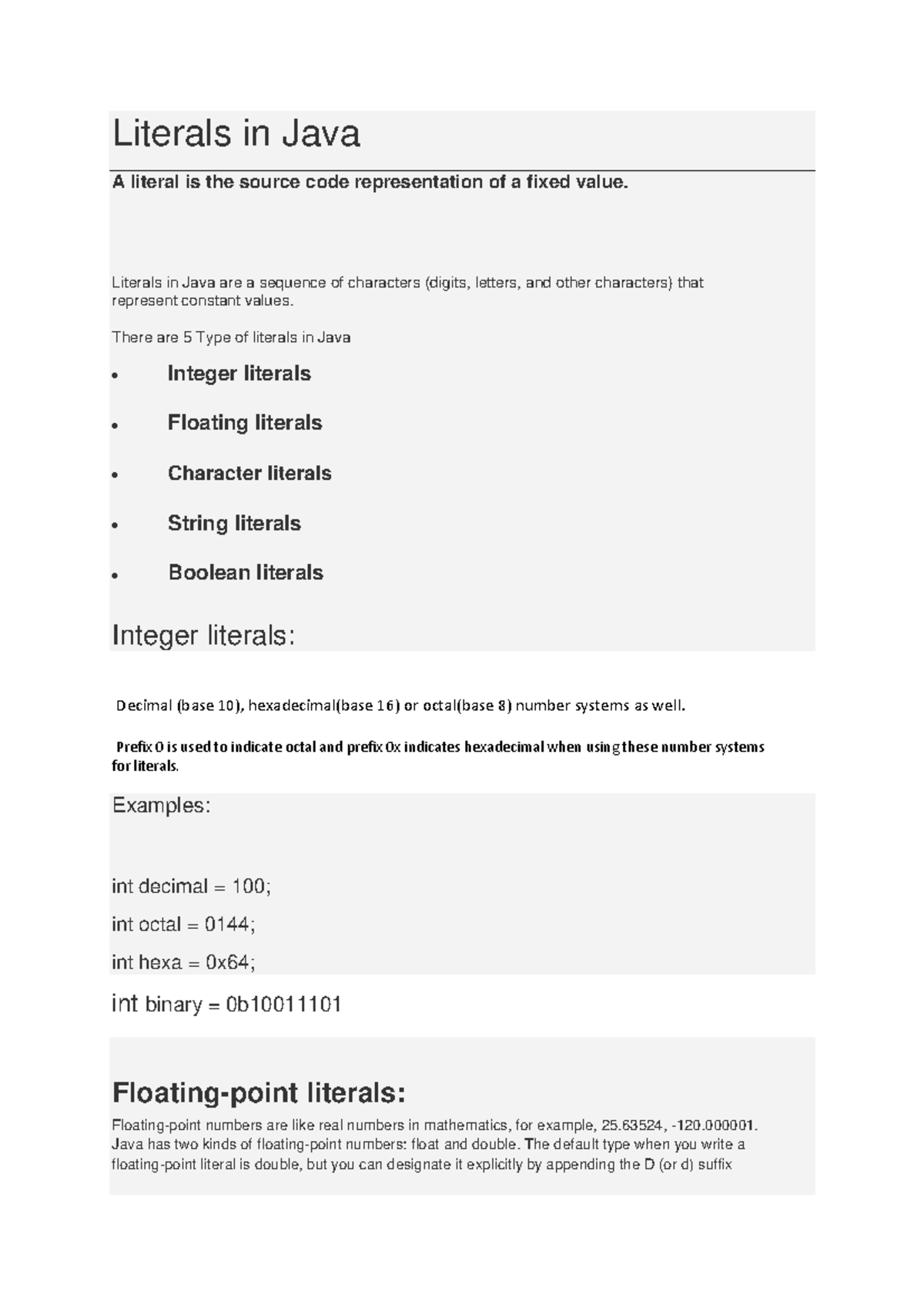 Java Literals Java Literals Literals In Java A Literal Is The