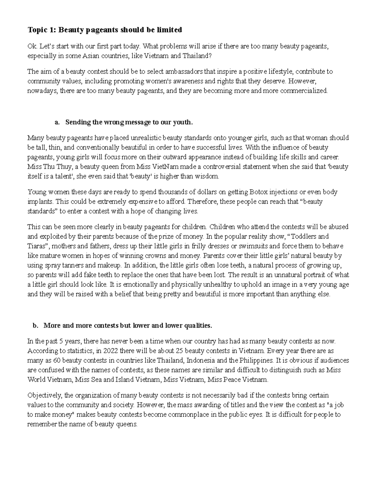 Final test - speaking - Topic 1: Beauty pageants should be limited Ok ...