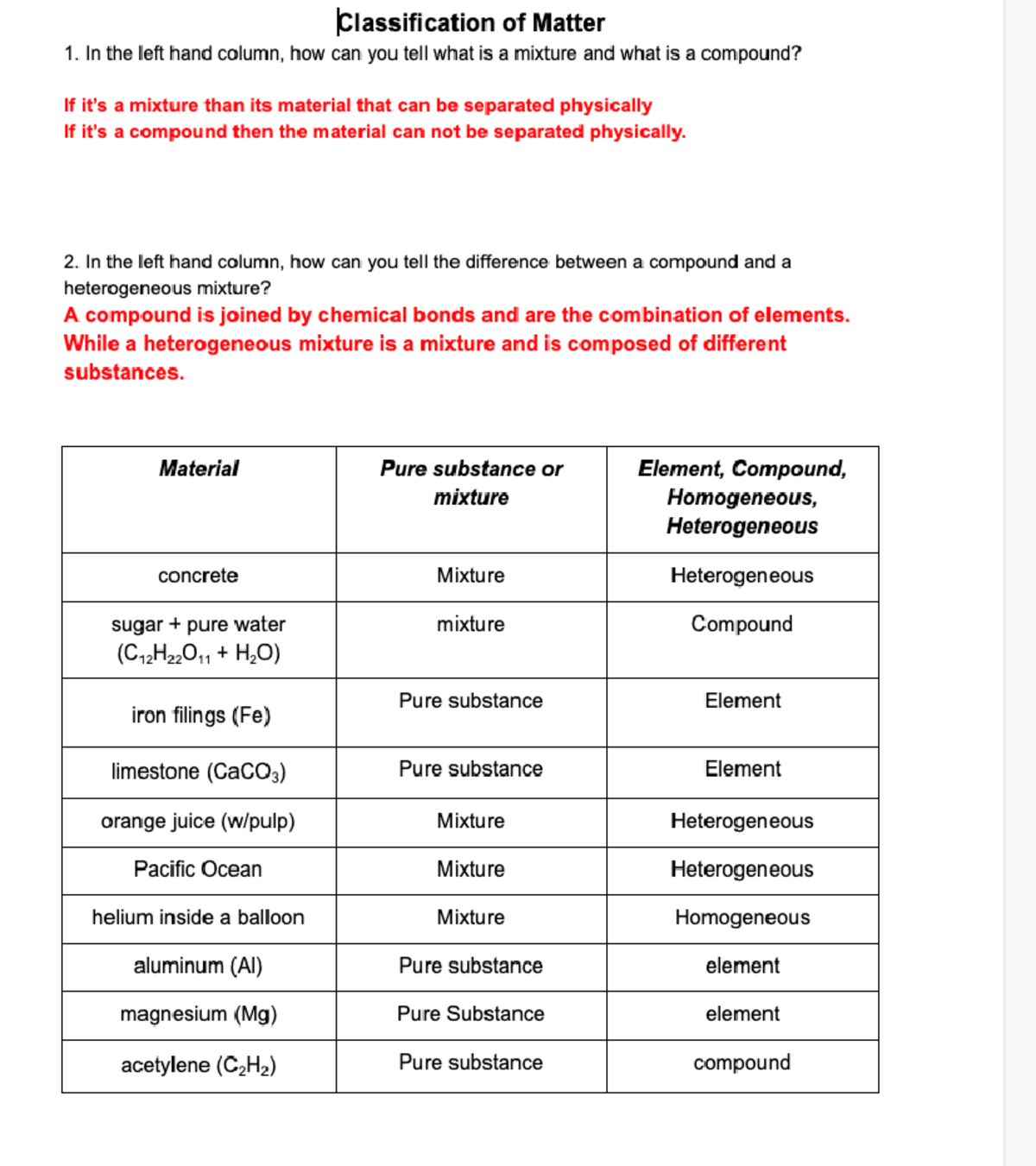 Classification Of Matter pg1 - In the left hand column, how can you ...