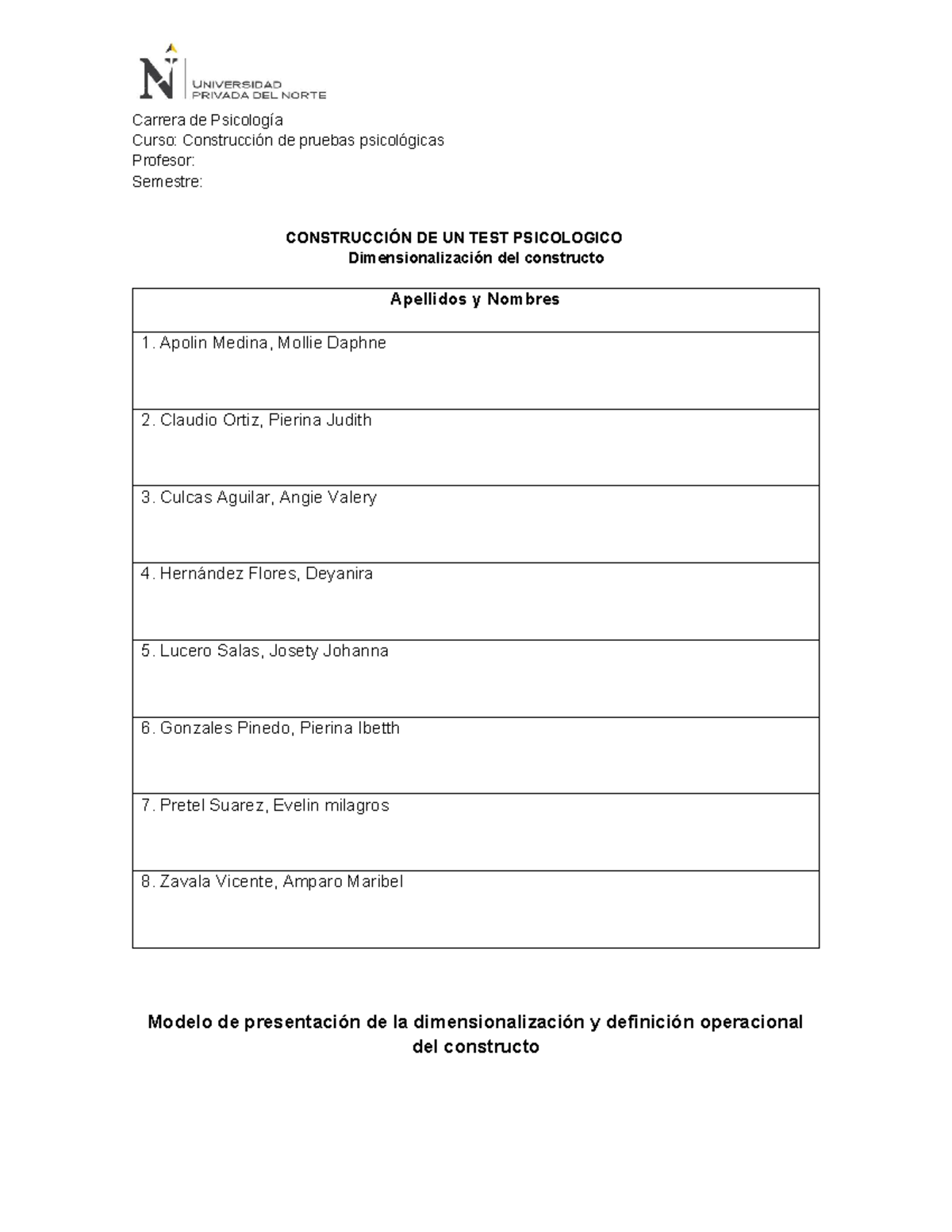 Dimensiones y indicadores - Carrera de Psicología Curso: Construcción de pruebas psicológicas ...