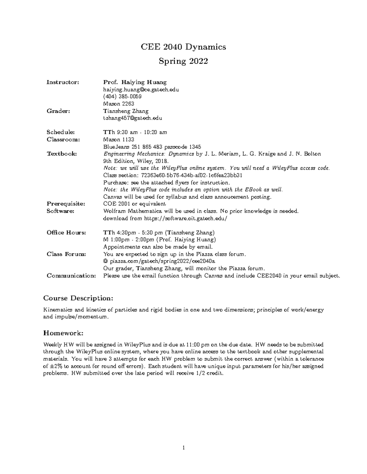 Syllabus CEE2040 - CEE 2040 Dynamics Spring 2022 Instructor: Prof ...