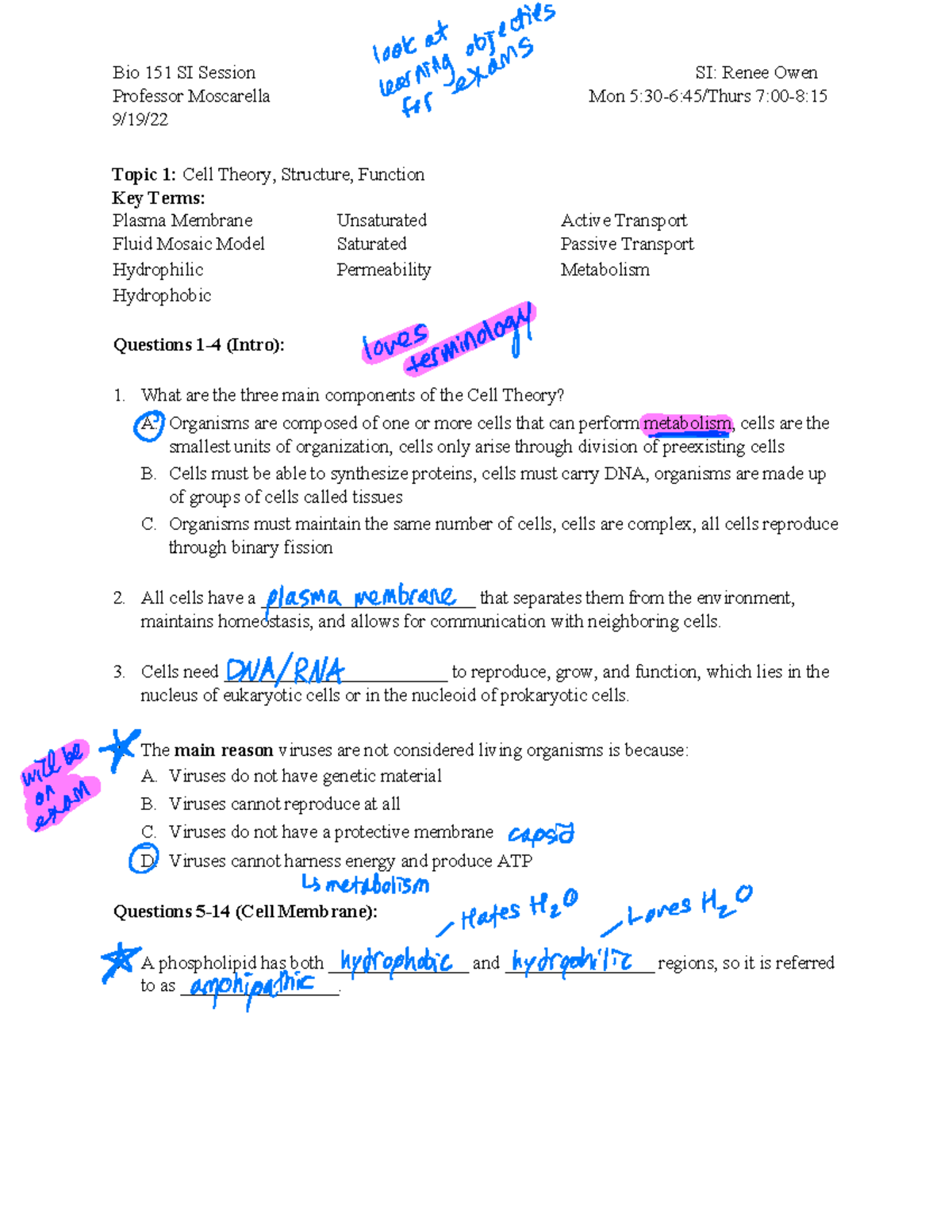 SI Session Worksheets - Bio 151 SI Session SI: Renee Owen Professor ...
