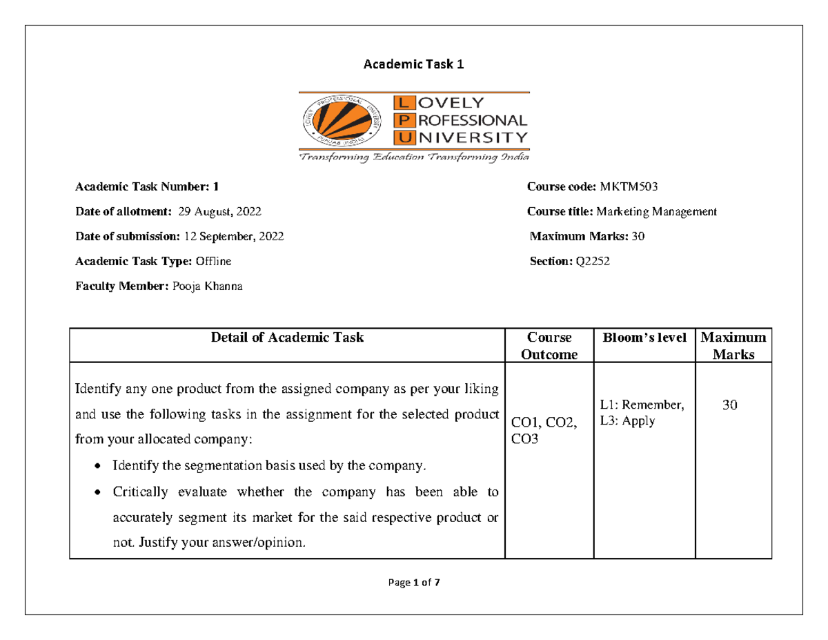 Marketing Management CA1 - Academic Task Number: 1 Course code: MKTM ...