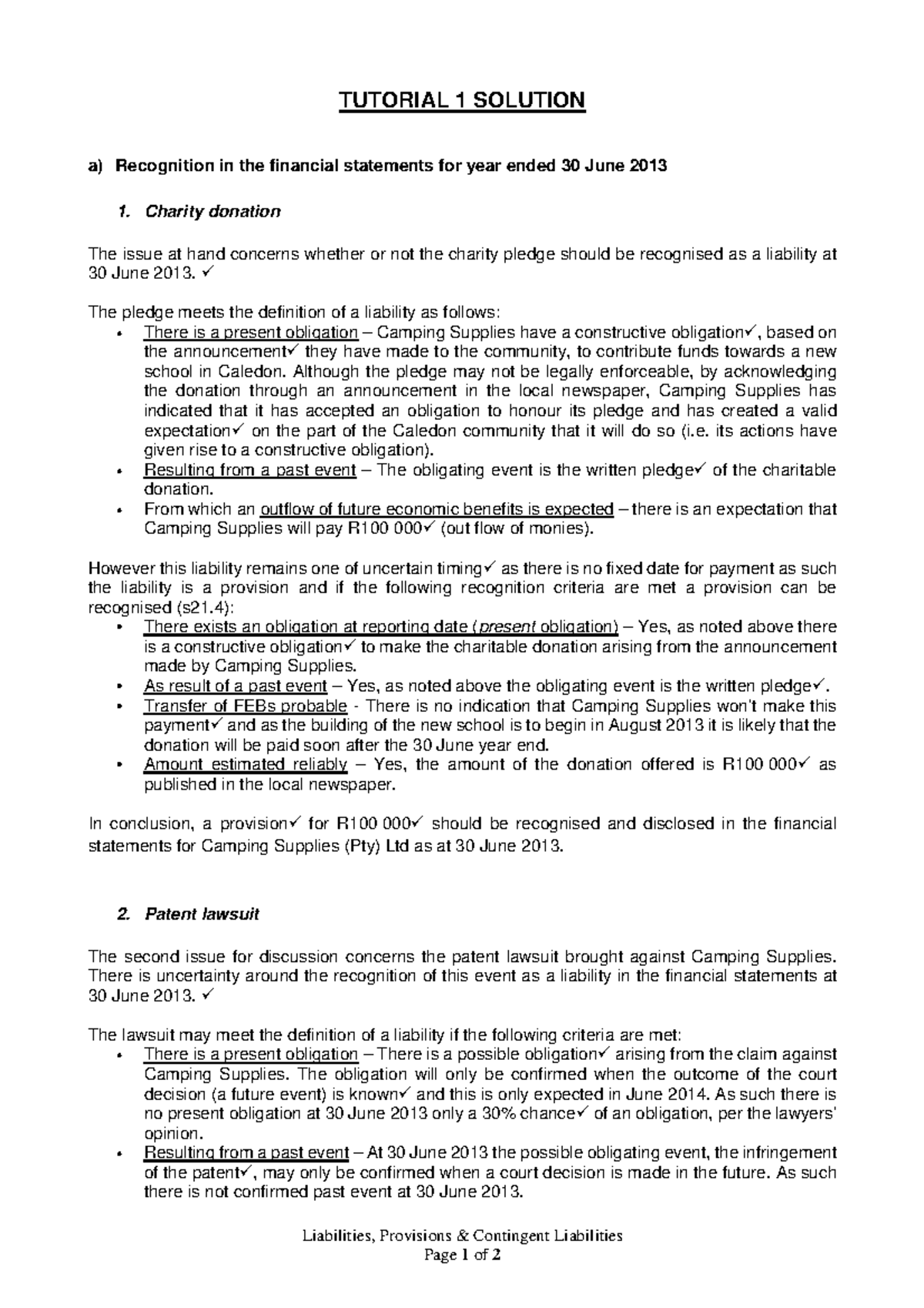 Tutorial Solution - Liabilities 1 (Camping Supplies) - Liabilities, Provisions & Contingent ...