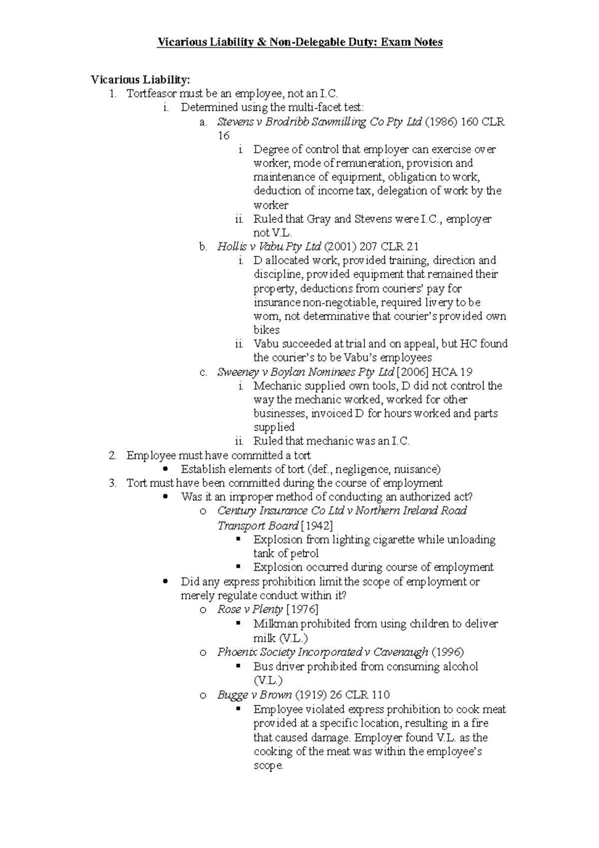 VL & Non-Del Duty - Summary Tort Law - Vicarious Liability & Non ...