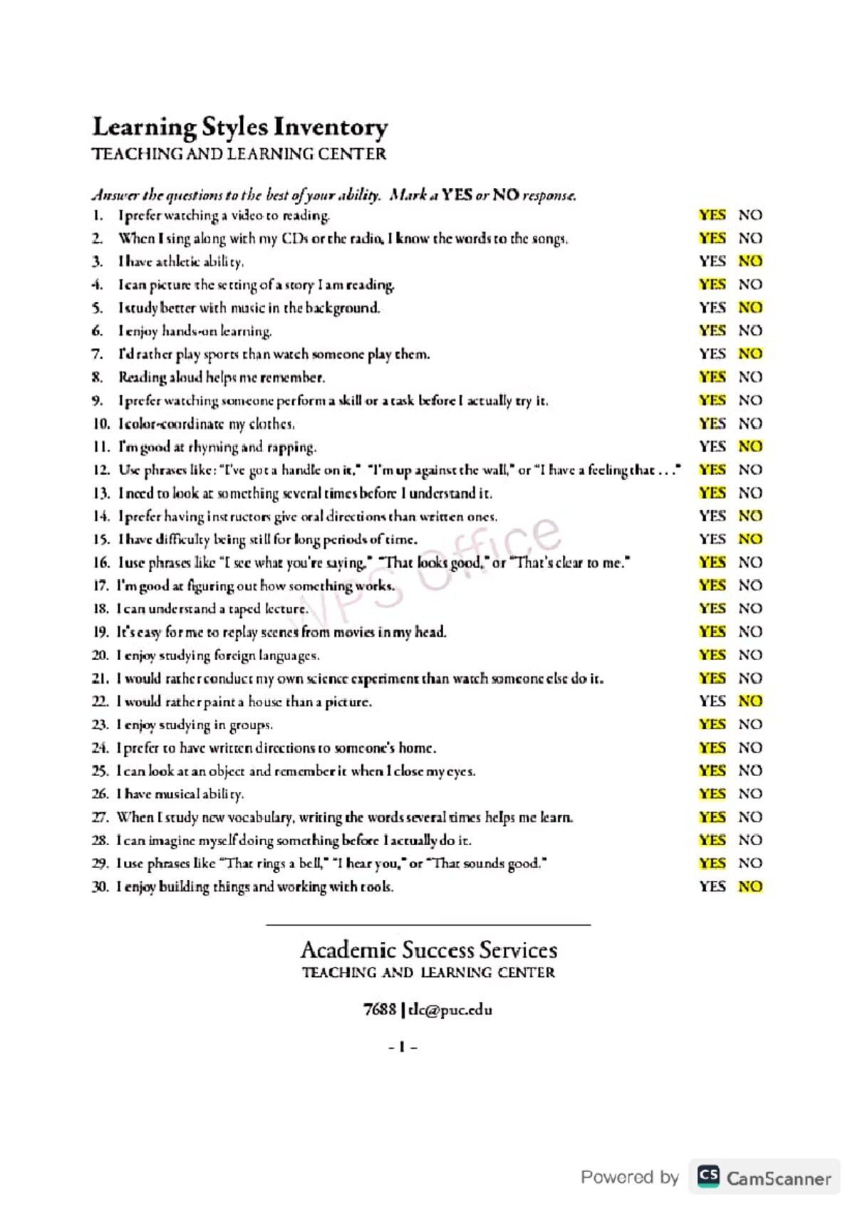 UED 27.10 WEEK 1 - STUDY SKILLS - Learning Styles Inventory TEACHING ...