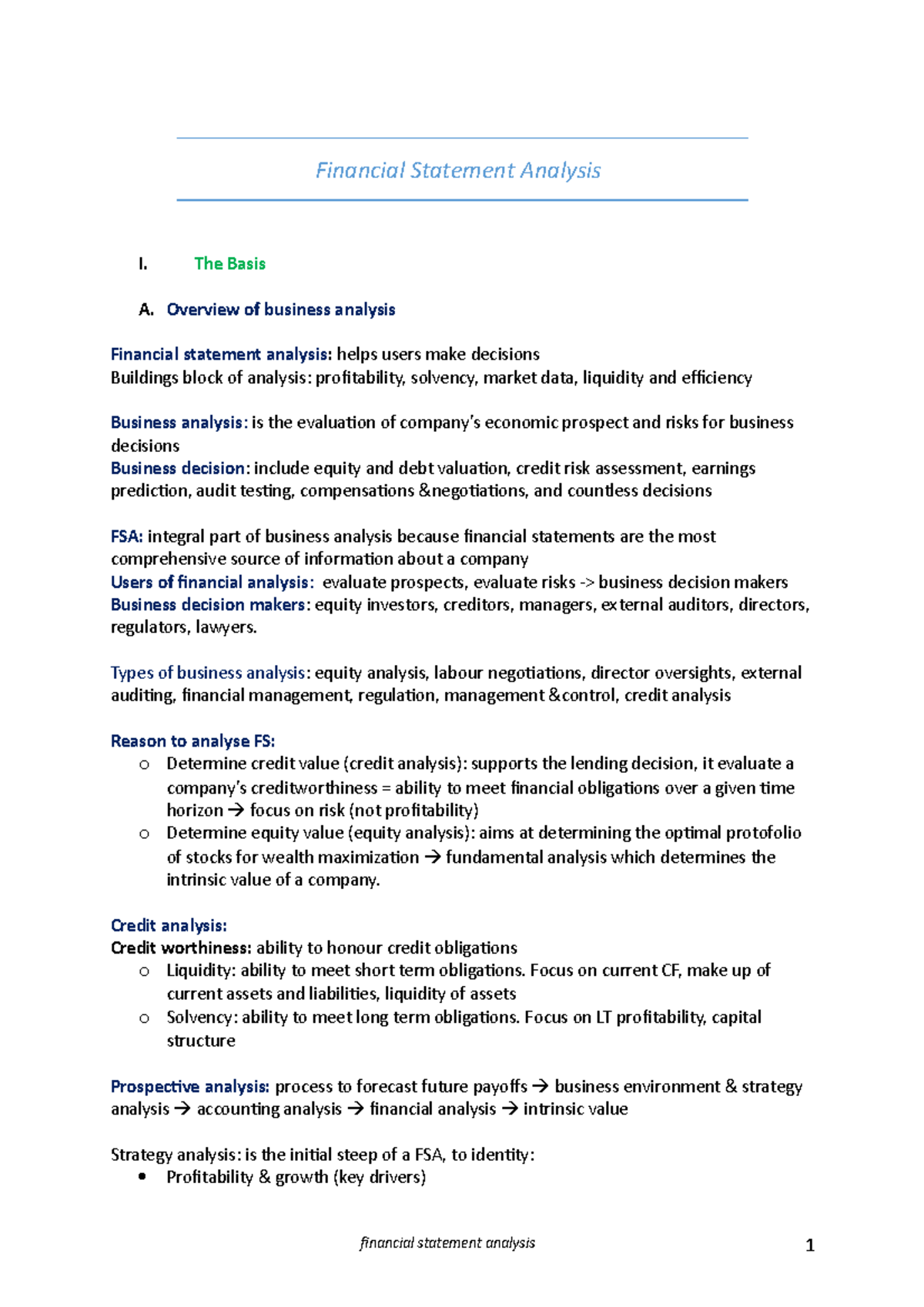 Fiche Financial Statement Analysis - Financial Statement Analysis I ...