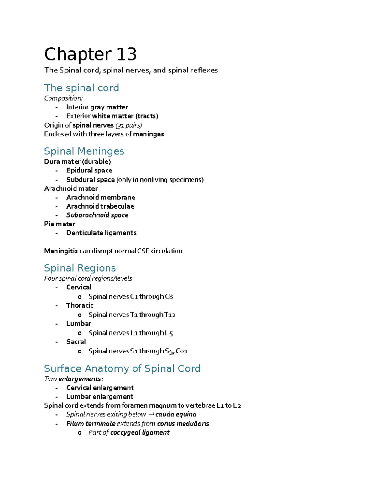Chapter 13 - Dr. Justin Cobb - Chapter 13 The Spinal cord, spinal ...