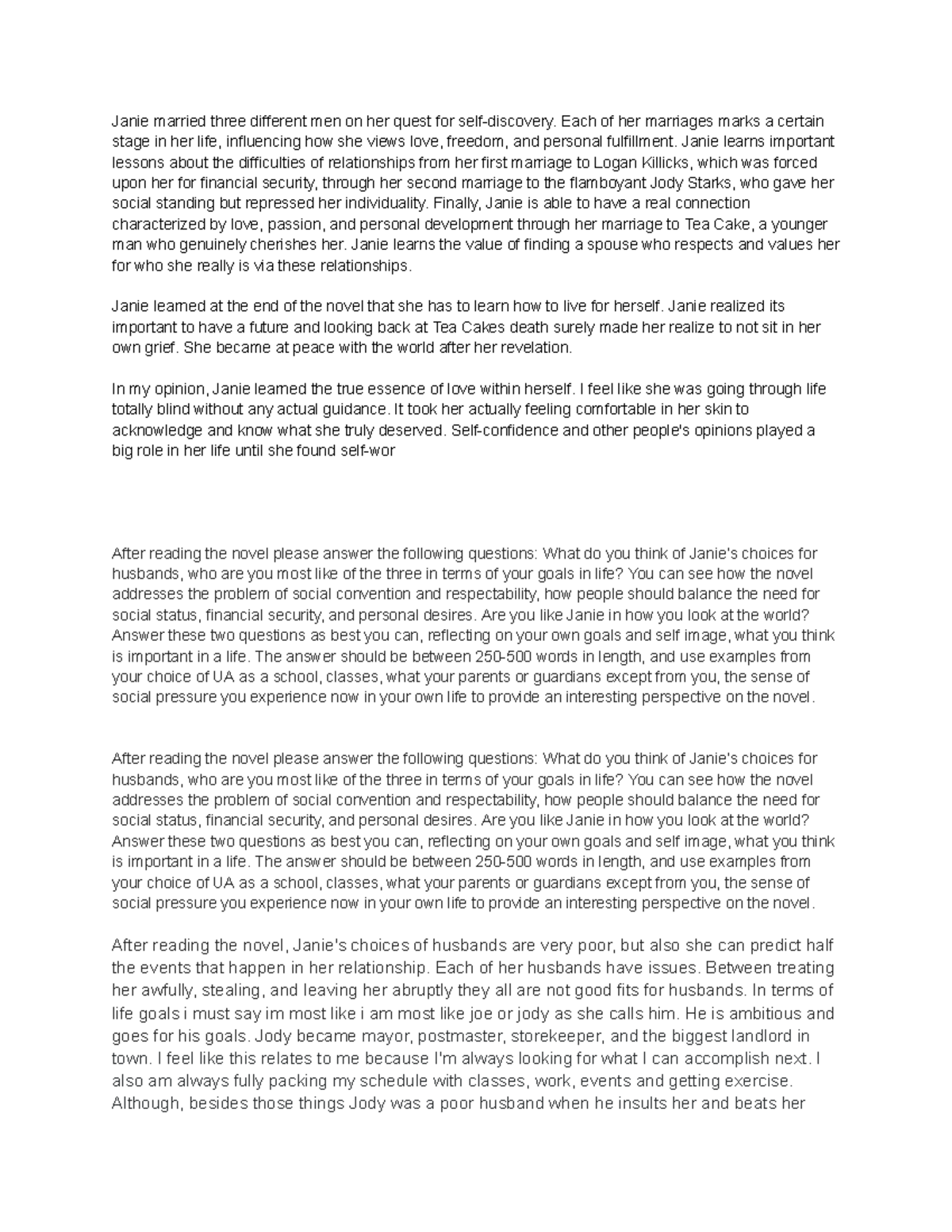 Aast paper 2 - Janie married three different men on her quest for self ...