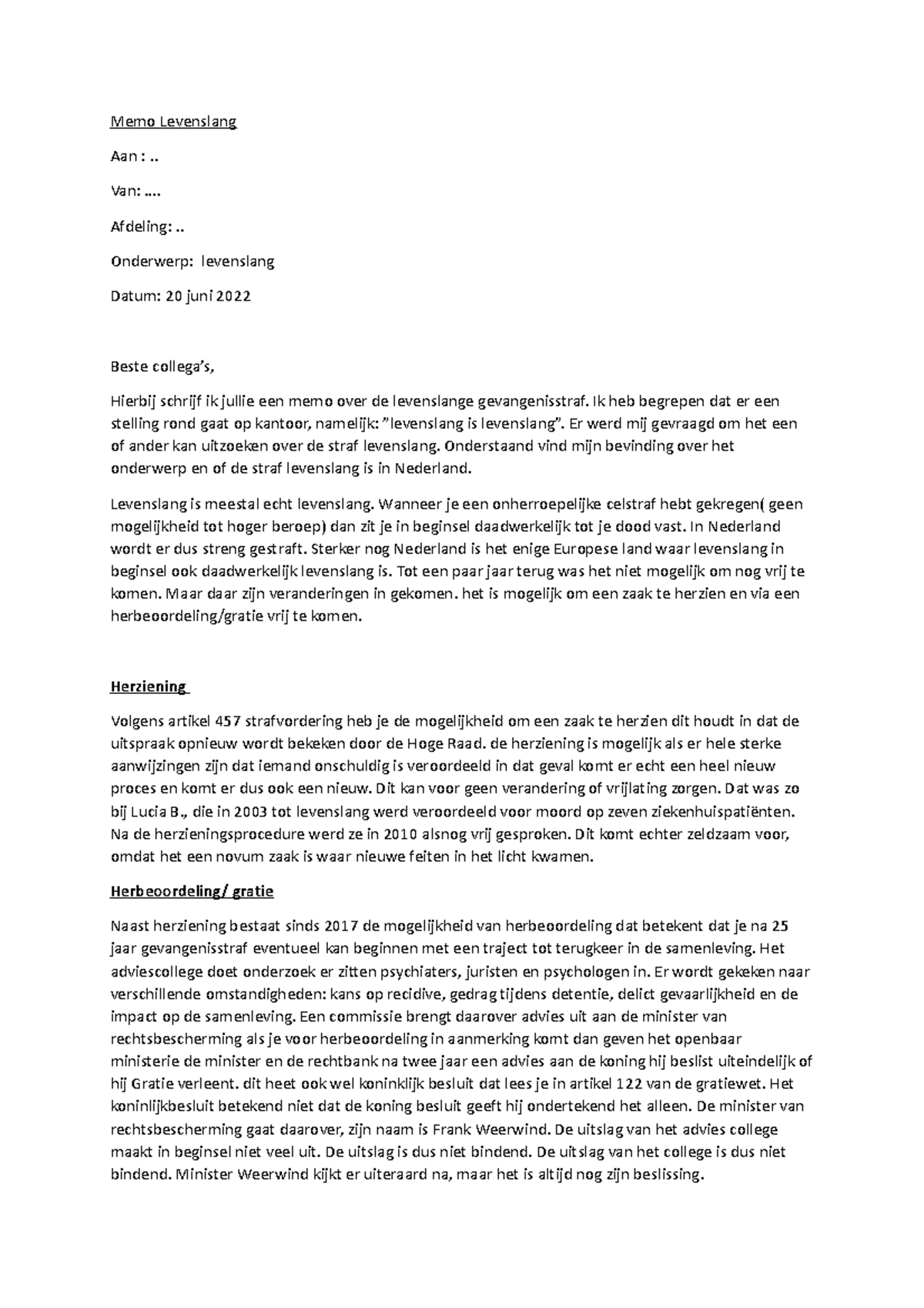 Document - klapper rg - Memo Levenslang Aan : .. Van: .... Afdeling ...