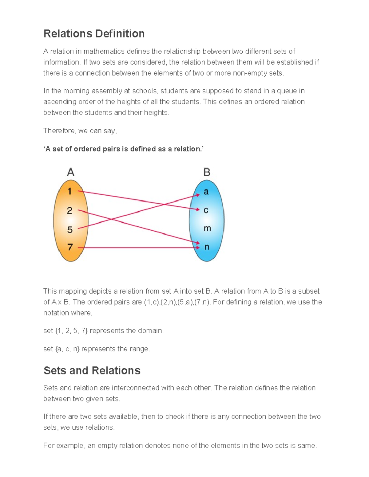 Relations Definition - If two sets are considered, the relation between ...