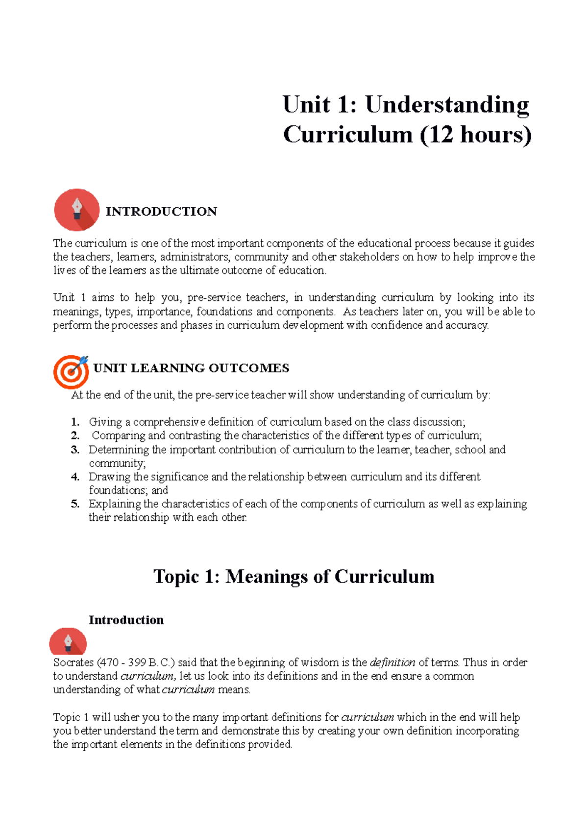 Topic-1 - Curriculum - Unit 1: Understanding Curriculum (12 hours ...