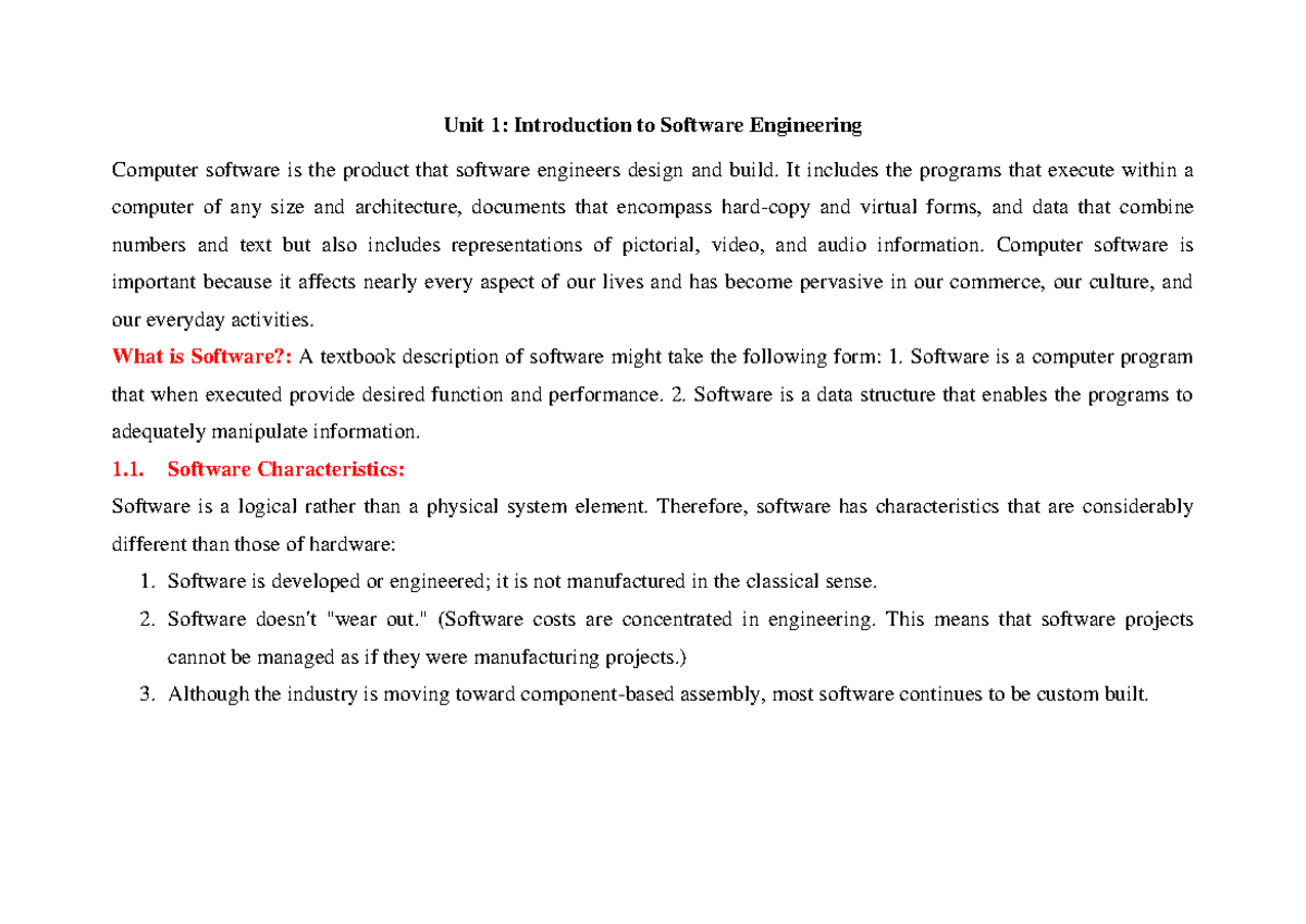 1.Unit SE - Unit 1: Introduction to Software Engineering Computer software is the product that ...