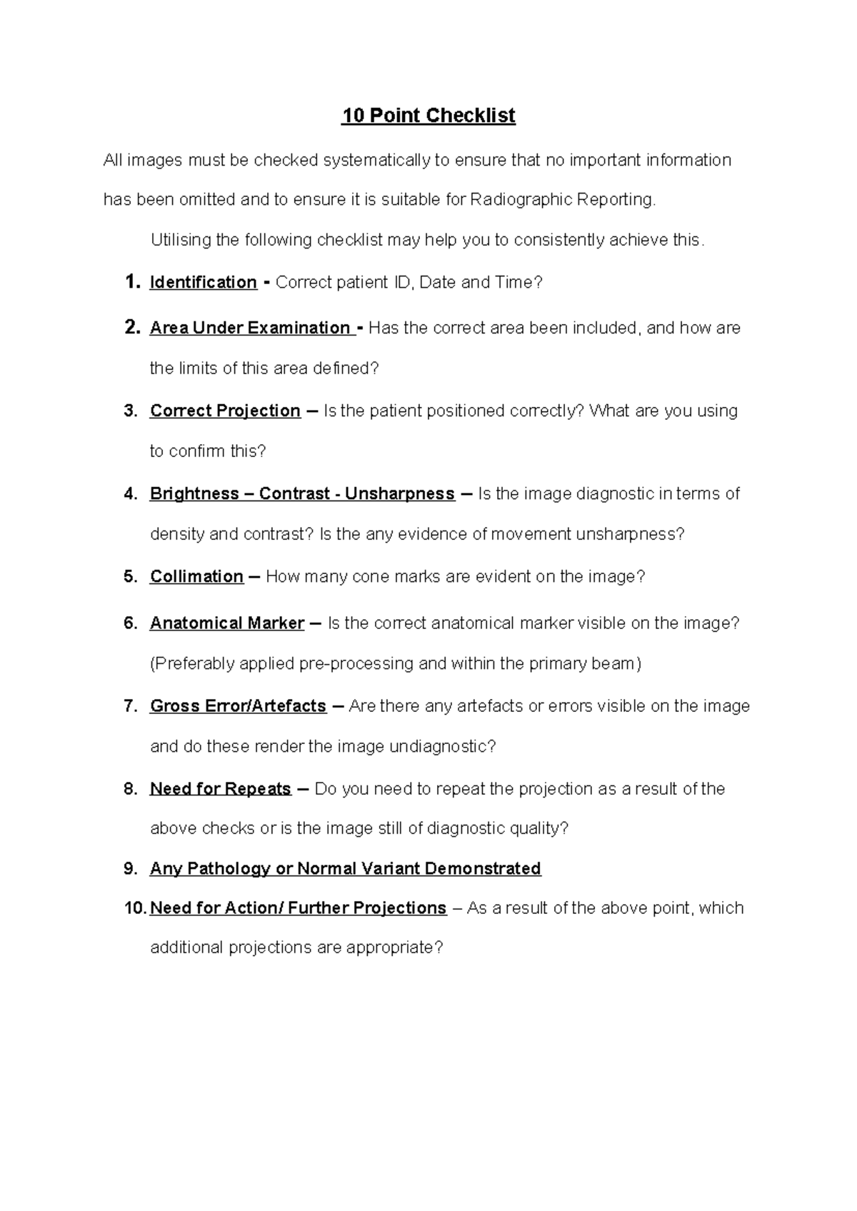 10 Point Checklist with prompts - 10 Point Checklist All images must be ...