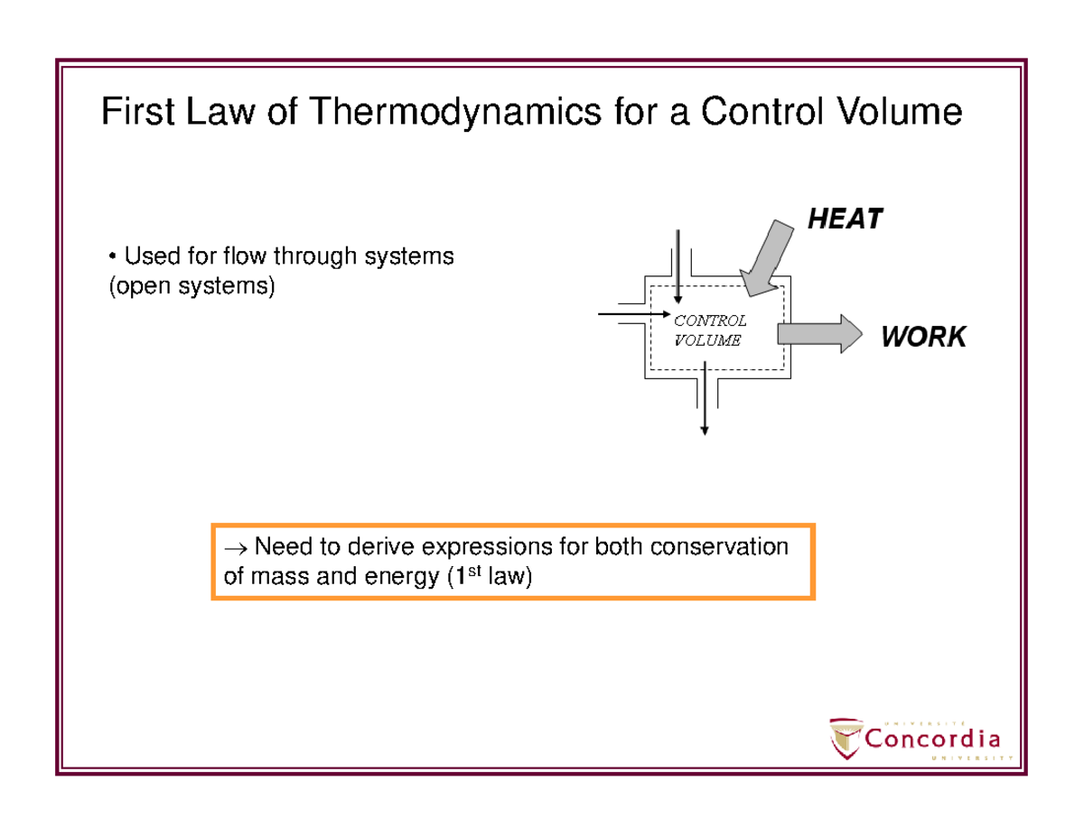 Lecture L - First Law of Thermodynamics for a Control Volume• Used for ...