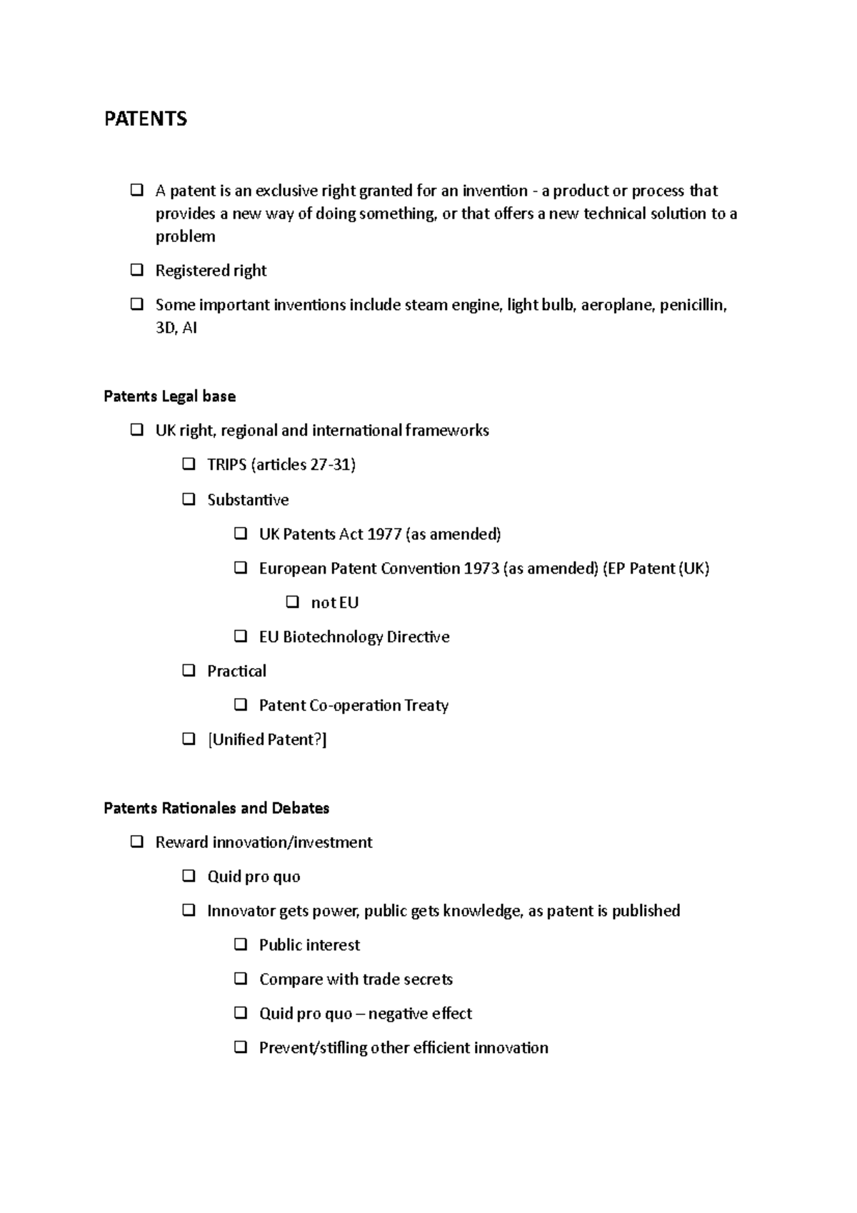 4 - Patents - Lecture notes 4 - PATENTS A patent is an exclusive right ...