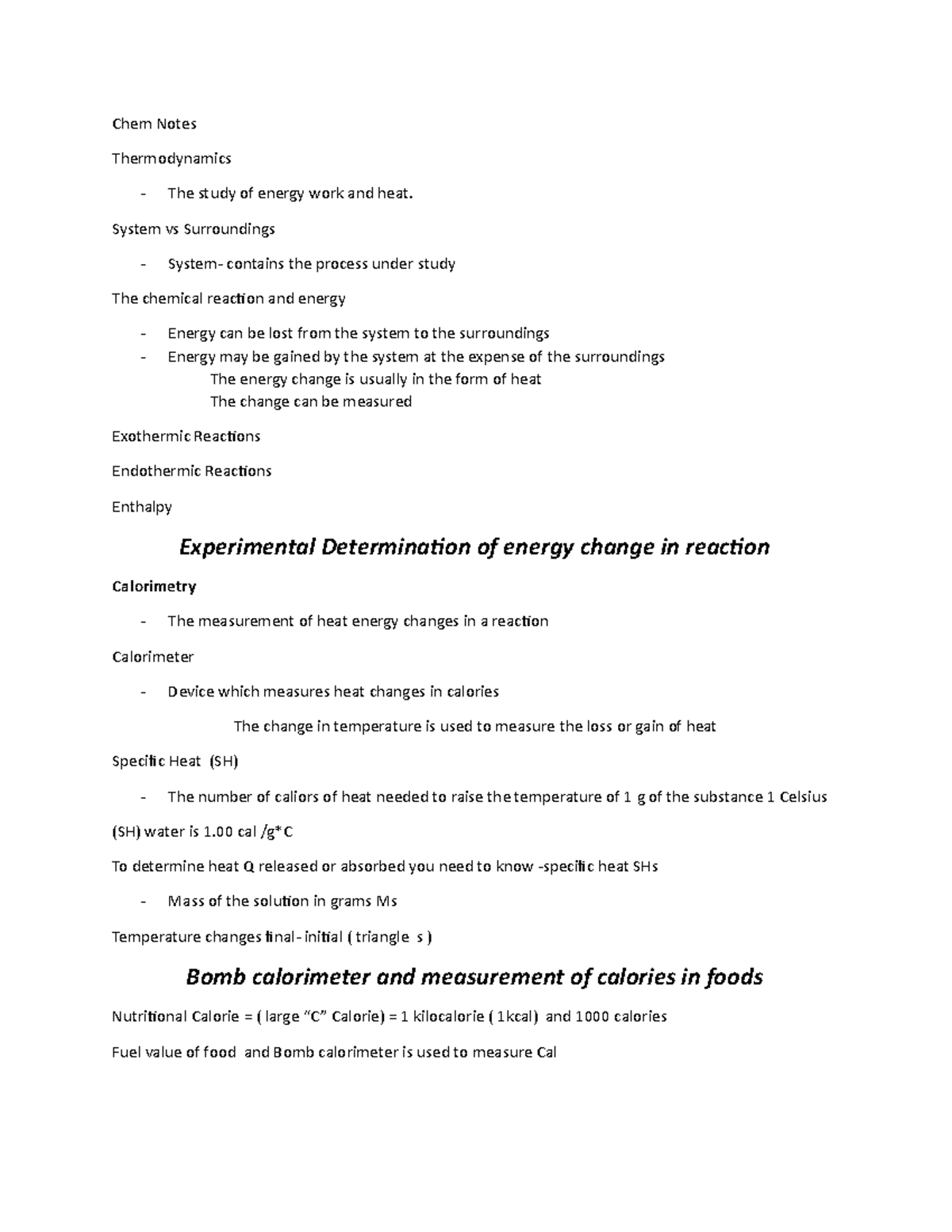 Chem Notes - sandra - Chem Notes Thermodynamics - The study of energy ...