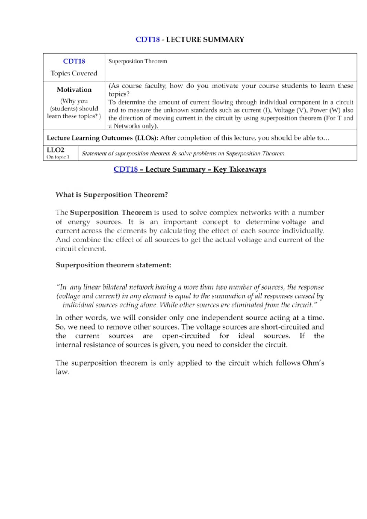 CDT-18 - BEE Important Summaries - Basic Electrical Engineering - Studocu