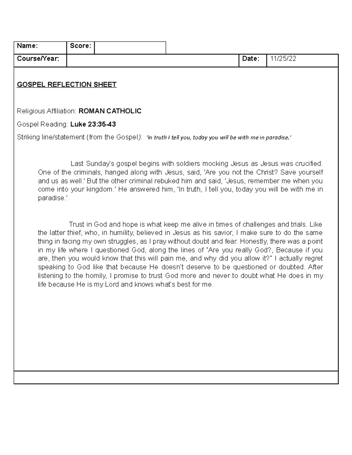 Nov20homily - homily - Name: Score: Course/Year: Date: 11/25/ GOSPEL ...