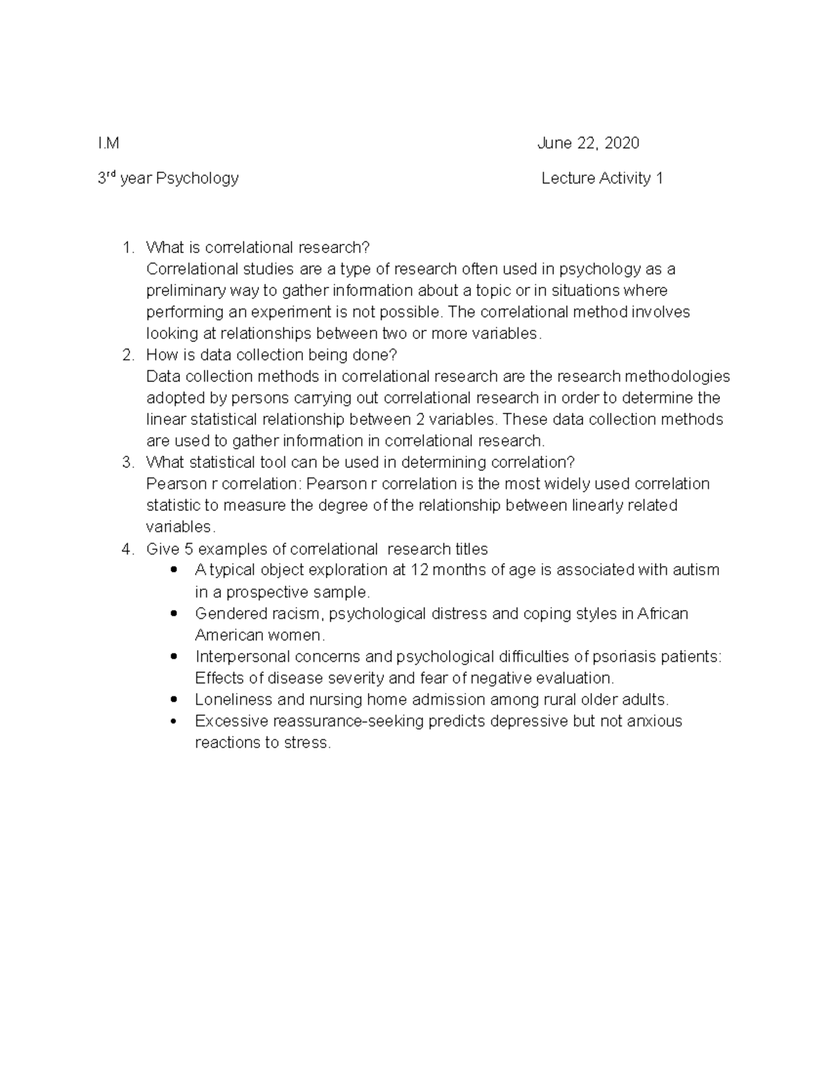 LEC ACT 1: What is correlational research? - BS Psychology - Studocu
